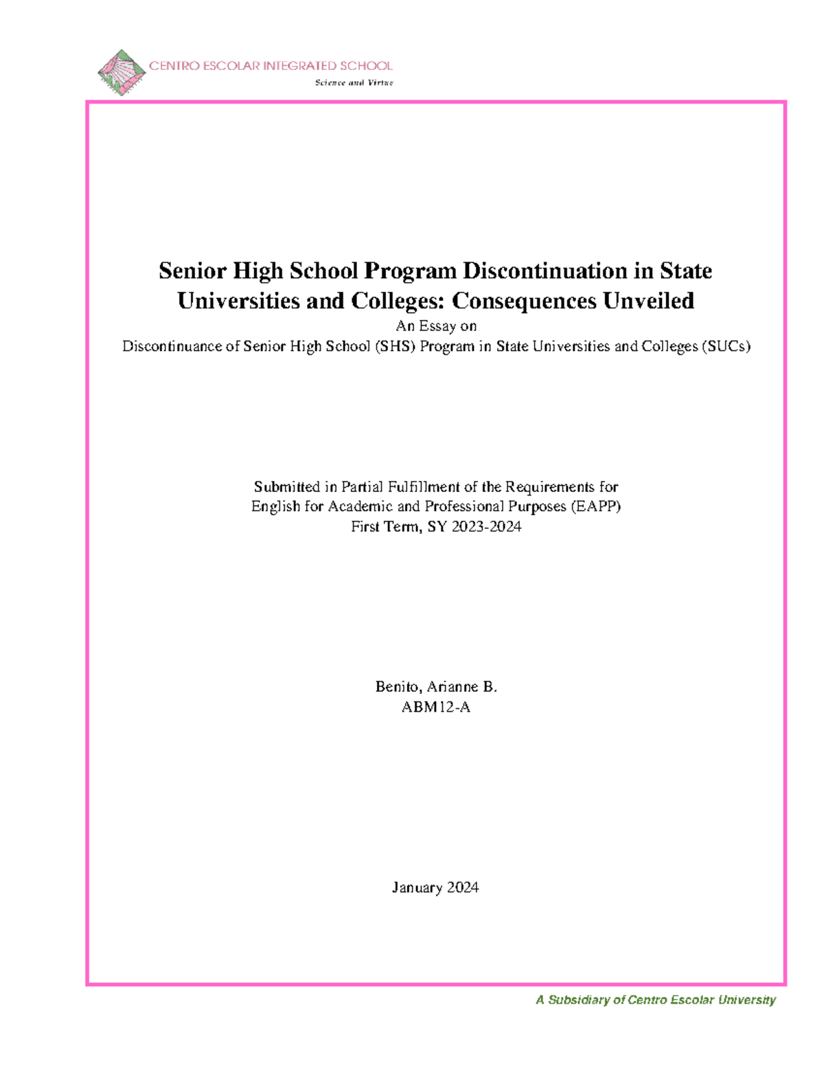 Term Paper essay - Senior High School Program Discontinuation in State ...