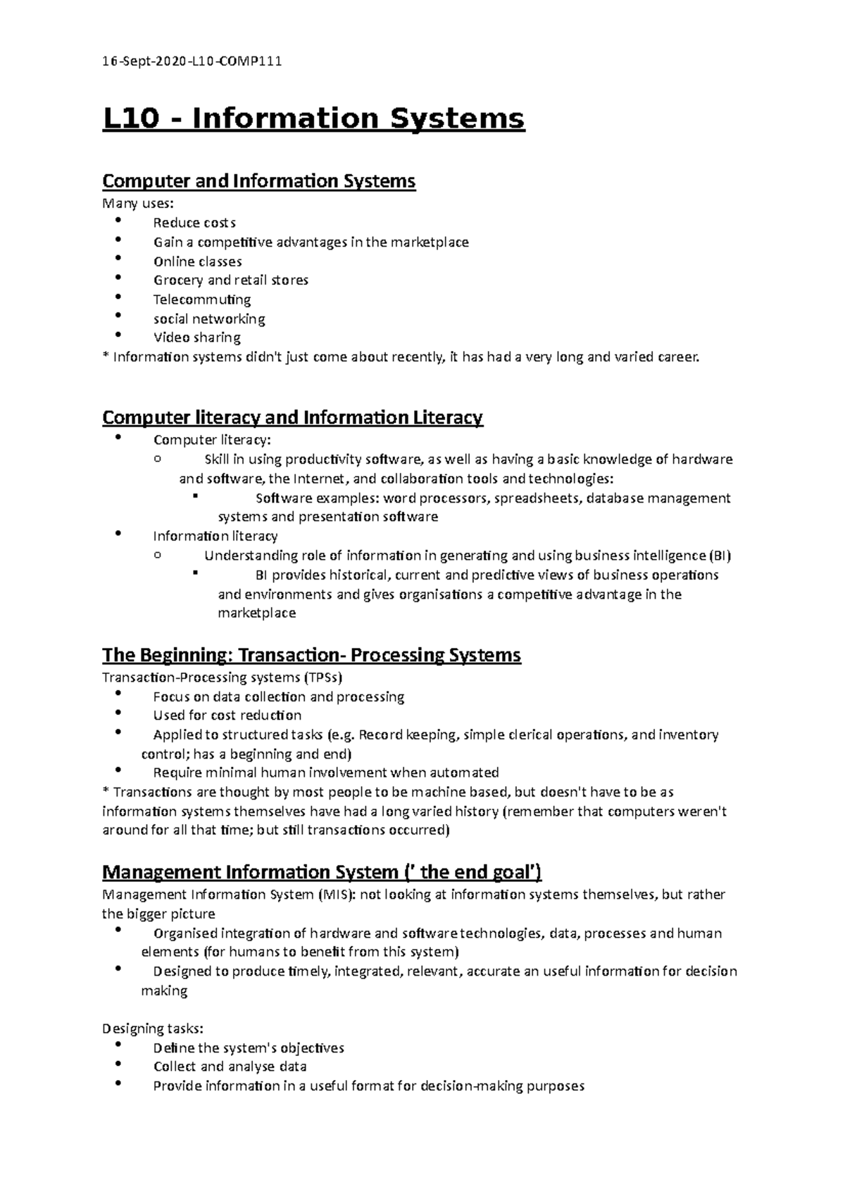Lecture 10 - COMP 111 - L10 - Information Systems Computer and ...