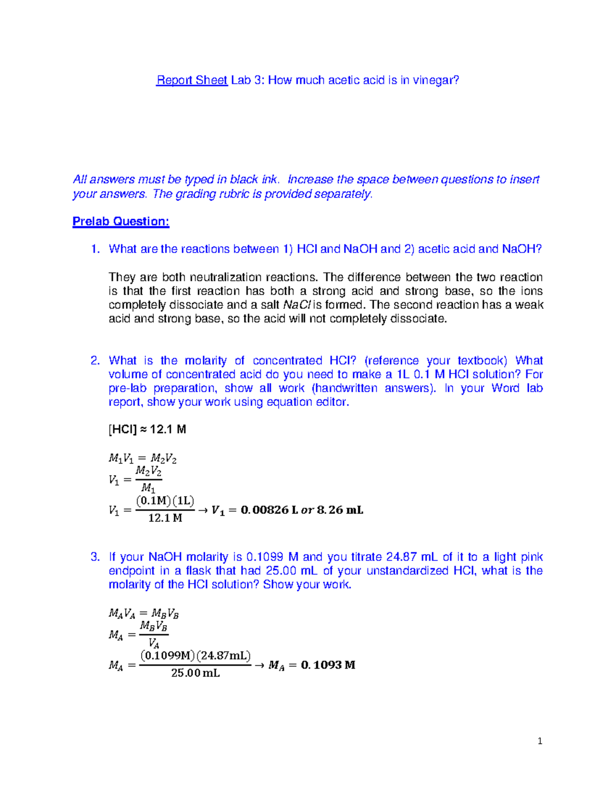 Lab 3 How much acetic acid in vinegar - Report Sheet Lab 3 : How much ...