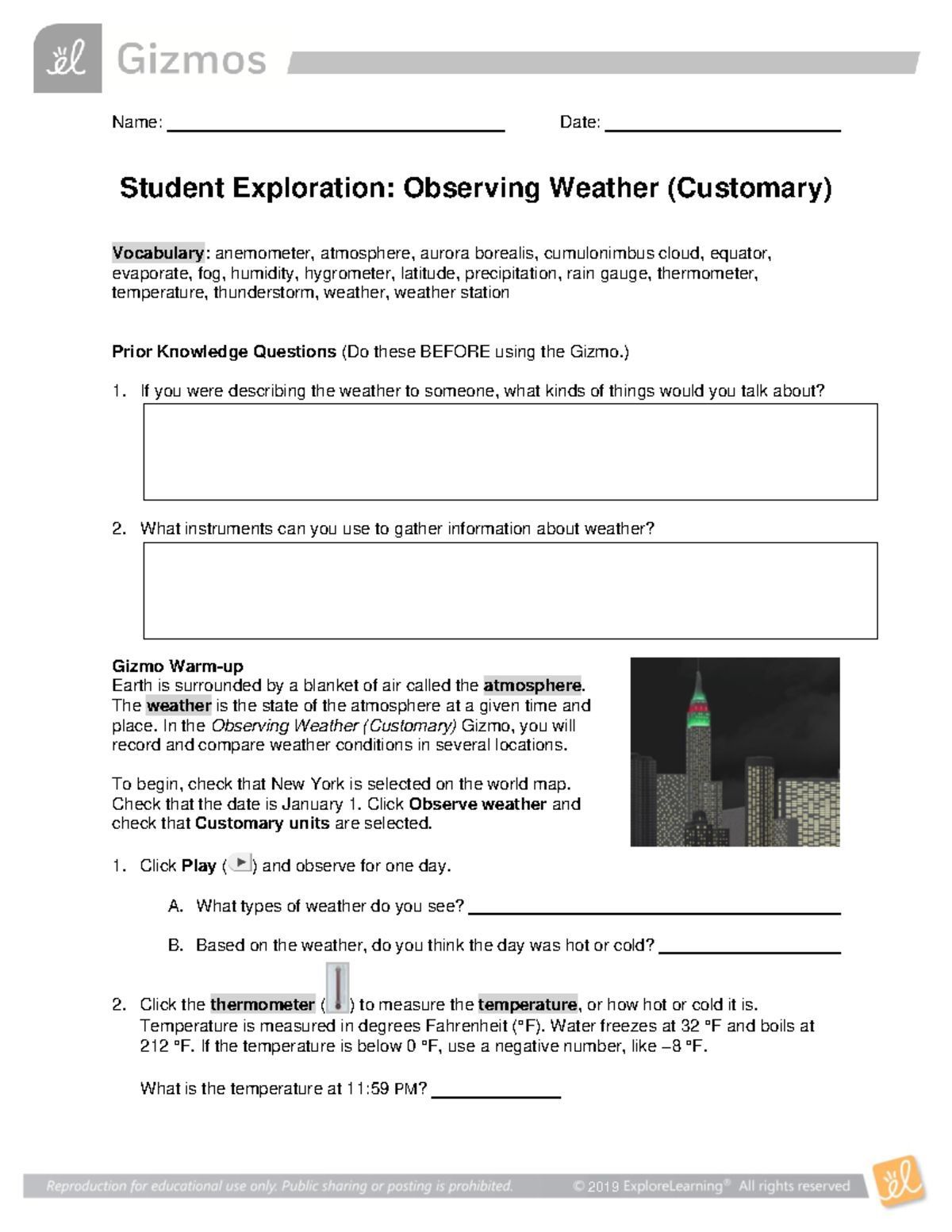 4.6 Gizmo Observing Weather Assignment - Name: Date: Student ...