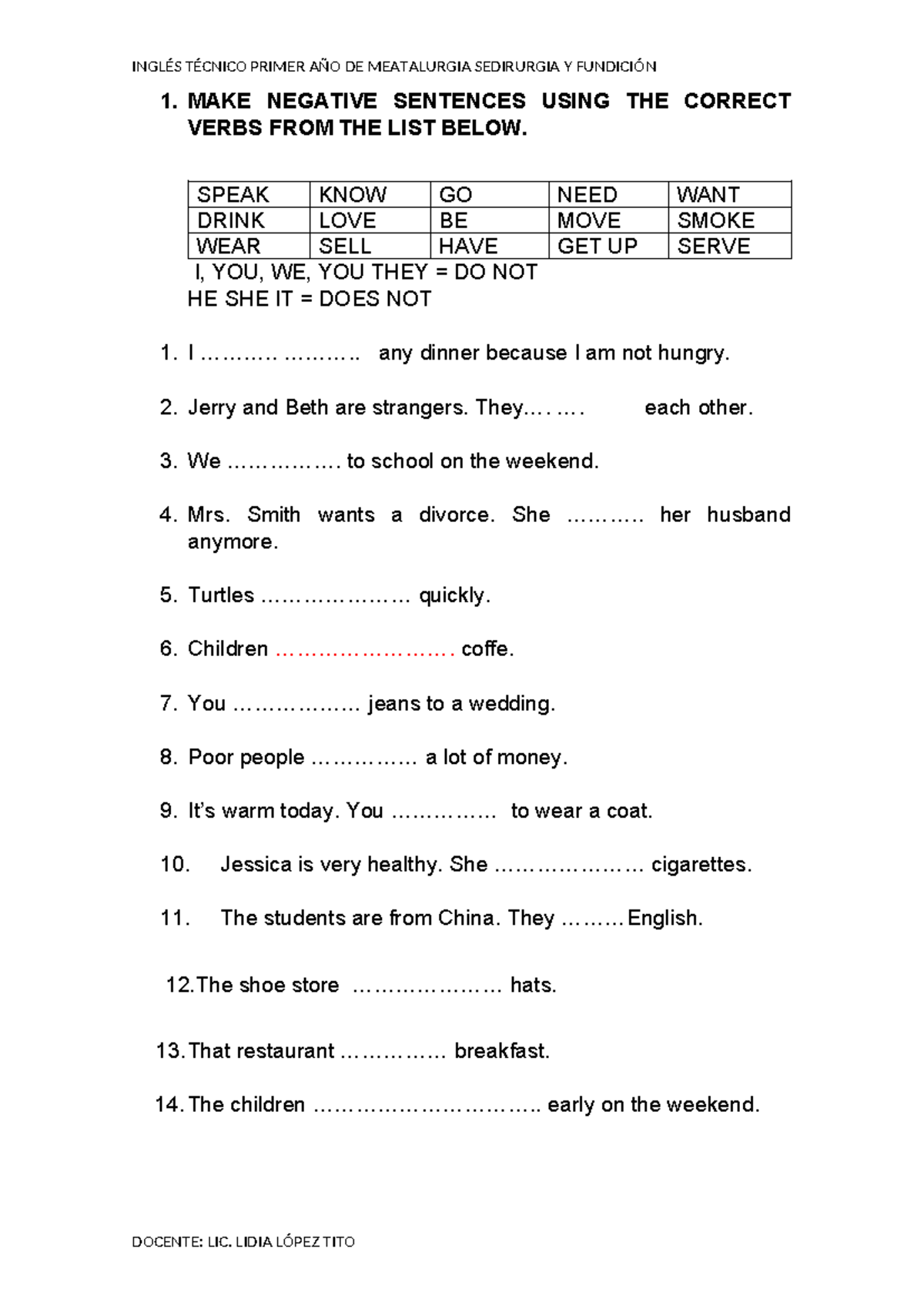 MAKE Negative Sentences Using THE Correct Verbs FROM THE LIST Below - 1 ...