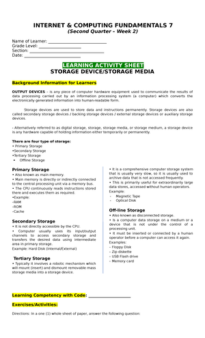 Handouts - LESSON - STORAGE DEVICE/STORAGE MEDIA OUTPUT DEVICES – is any piece of computer ...
