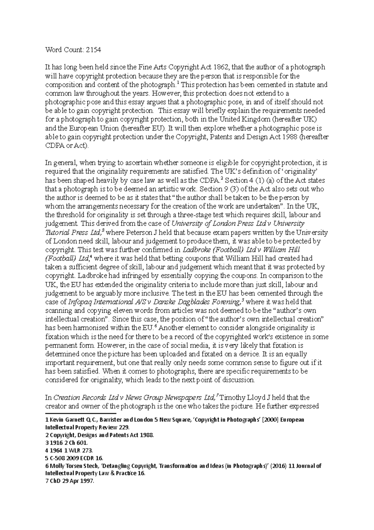 Summative essay on copyright protection and whether a pose can be ...