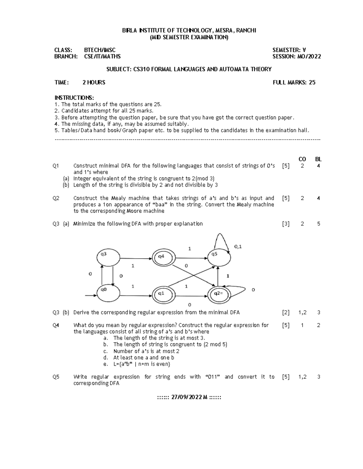 CS310 Formal Languages AND Automata Theory (MID MO22) - BIRLA INSTITUTE ...