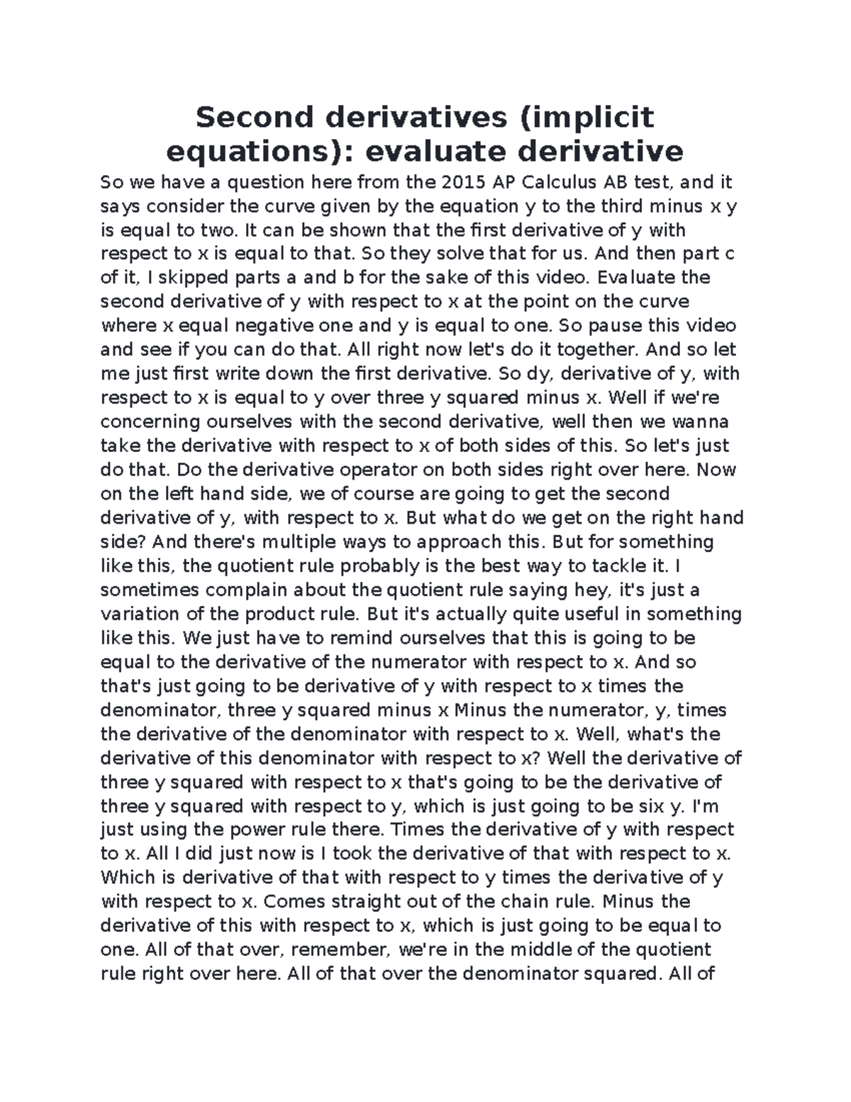 Second derivatives (implicit equations)- evaluate derivative - Second ...