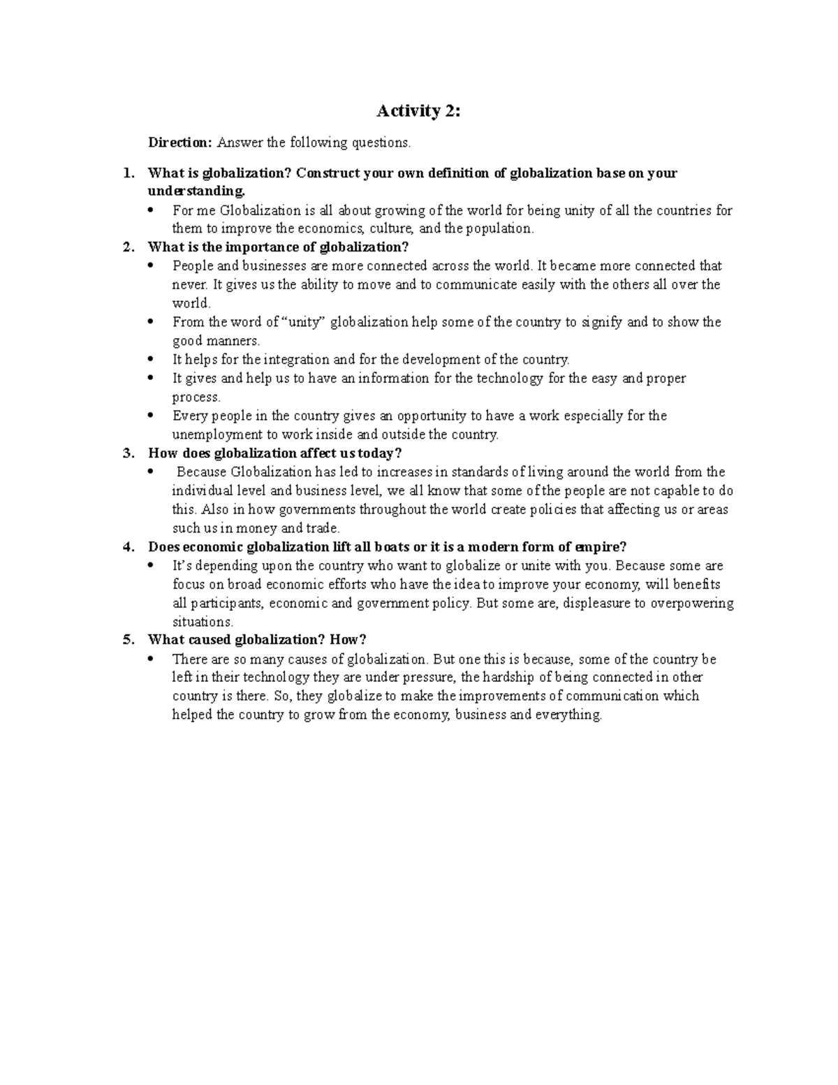 Assignment - Activity 2 - Activity 2: Direction: Answer the following ...