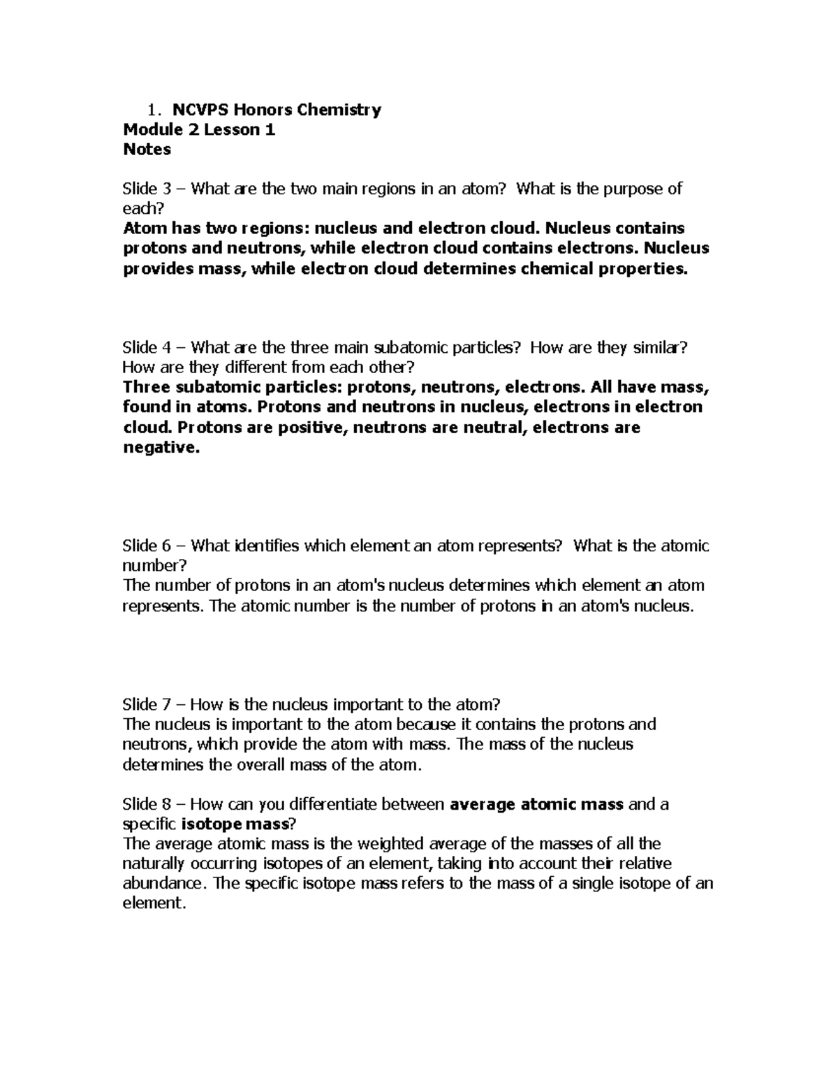 NCVPS Honors Chemistry Module 2 Lesson 1 Notes - Studocu