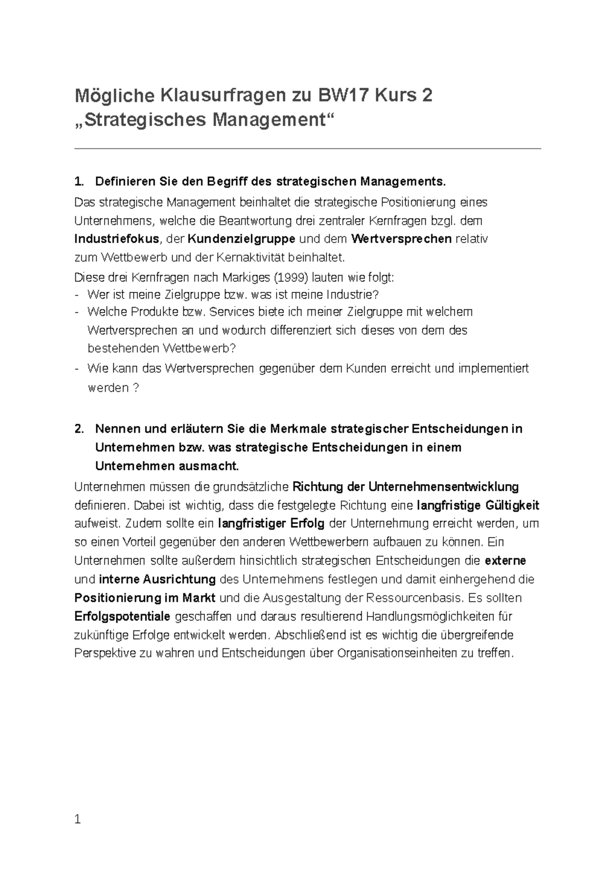Zusammenfassung Mögliche Klausurfragen BW17 Kurs 2 Strategisches ...