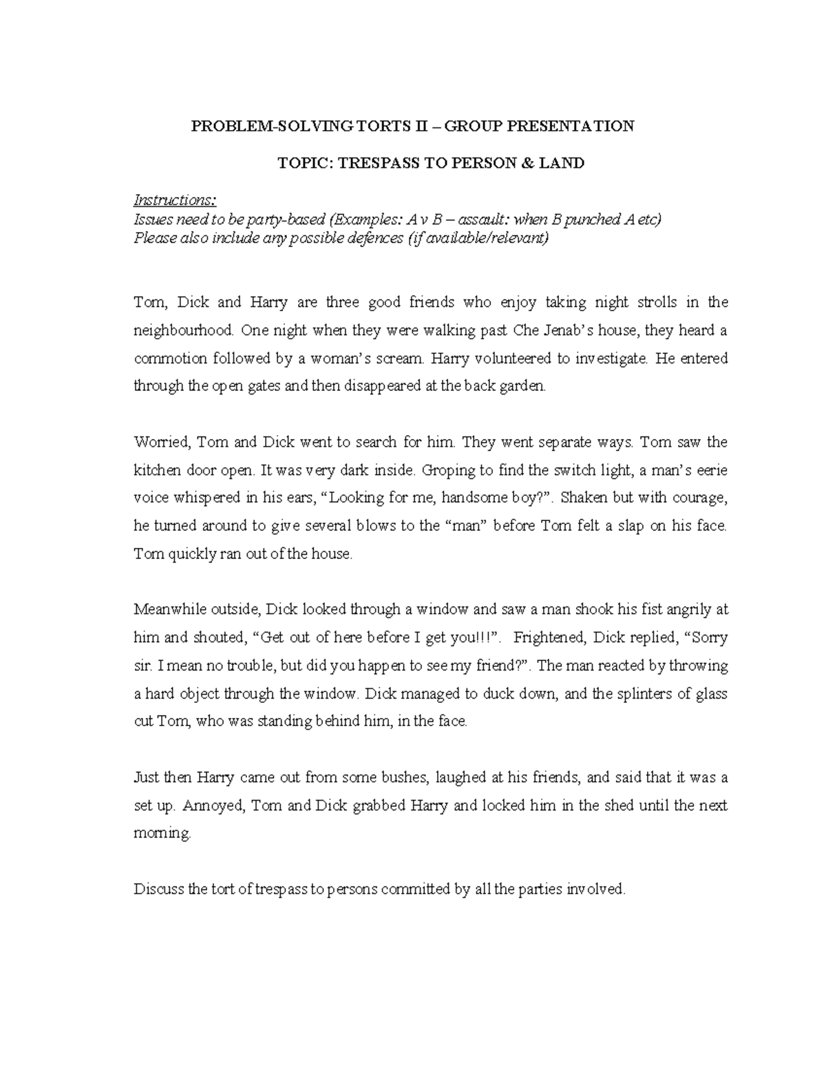 PBL torts II trespass to person - PROBLEM-SOLVING TORTS II – GROUP ...