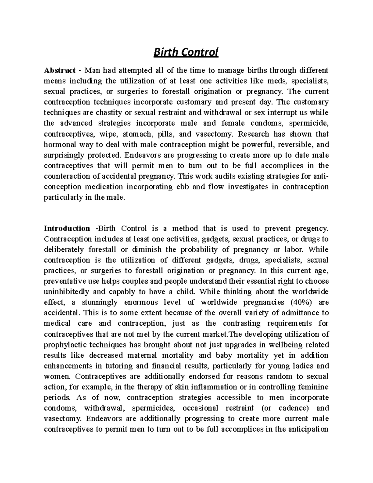 Birth Control - Lecture notes 5 - Birth Control Abstract - Man had ...