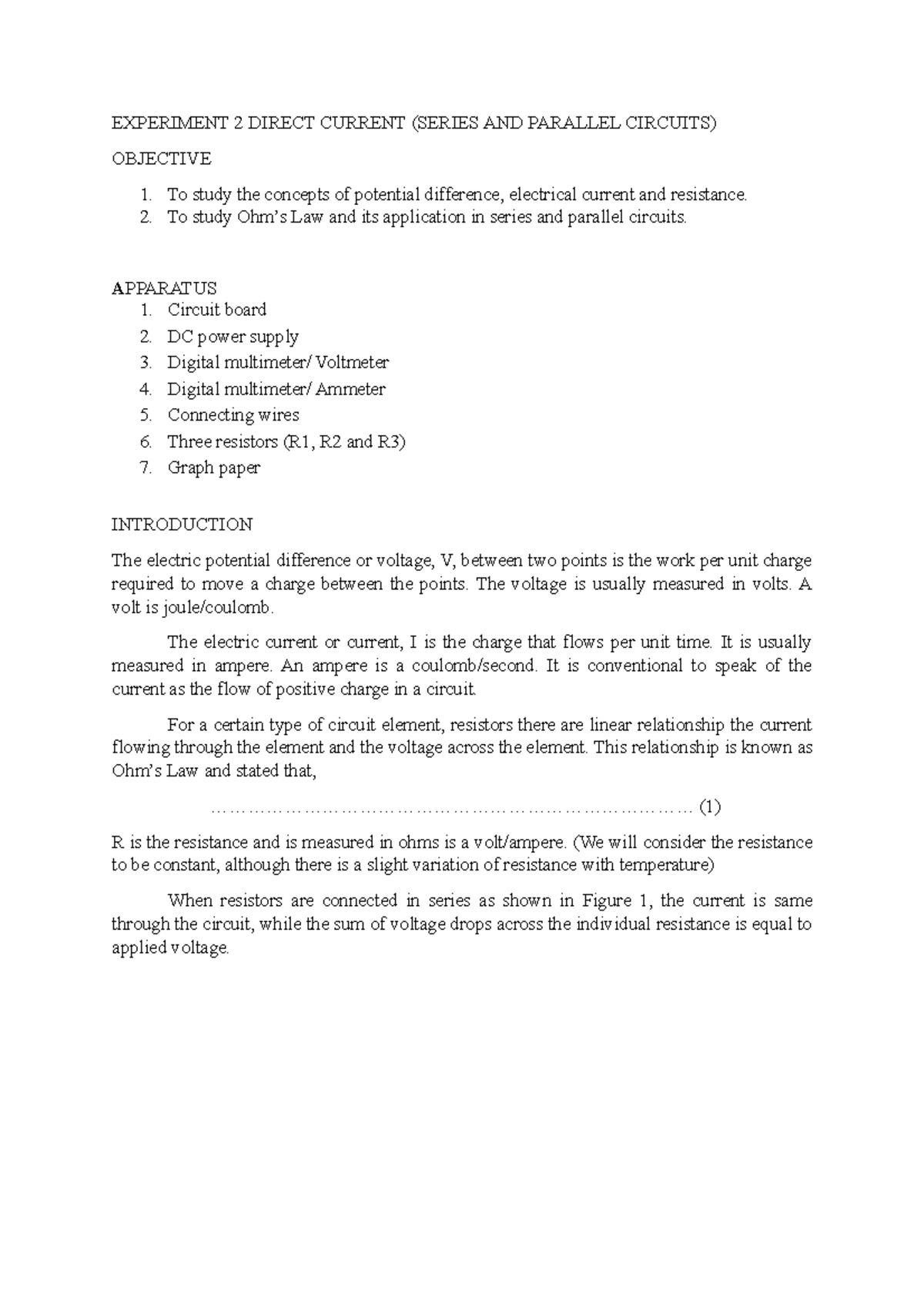 PHY443 Experiment 2 Direct Current - EXPERIMENT 2 DIRECT CURRENT ...