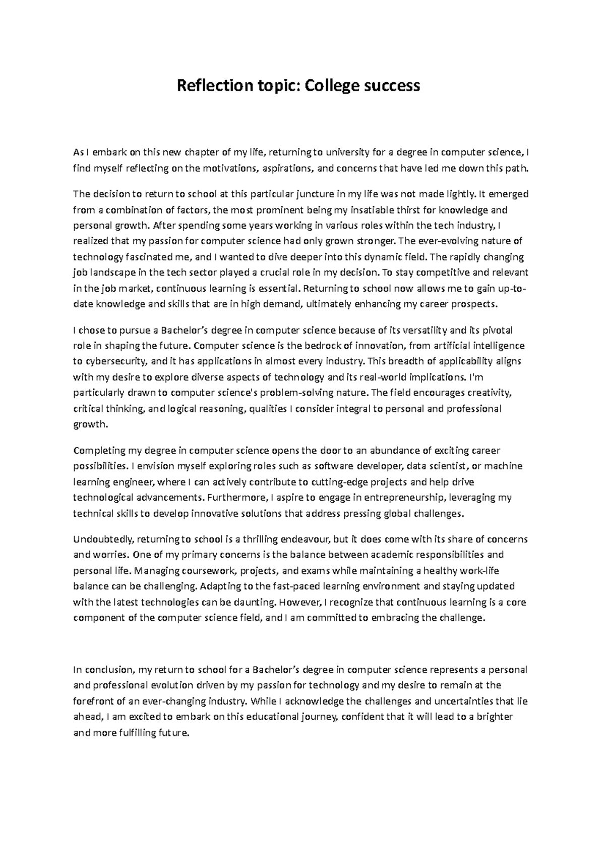 Reflection topic College success - The decision to return to school at ...