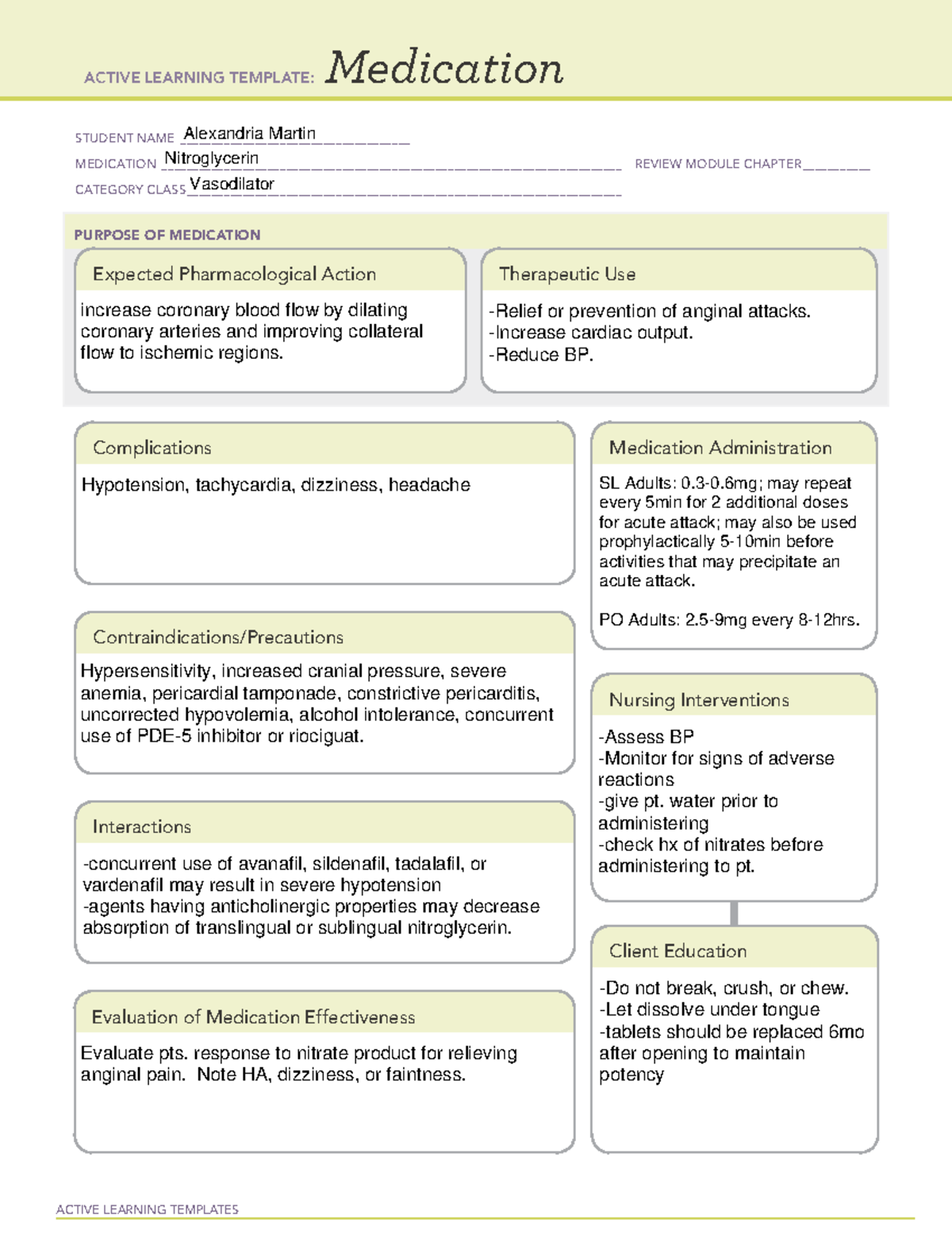 Nitro - notes - ACTIVE LEARNING TEMPLATES Medication STUDENT NAME - Studocu