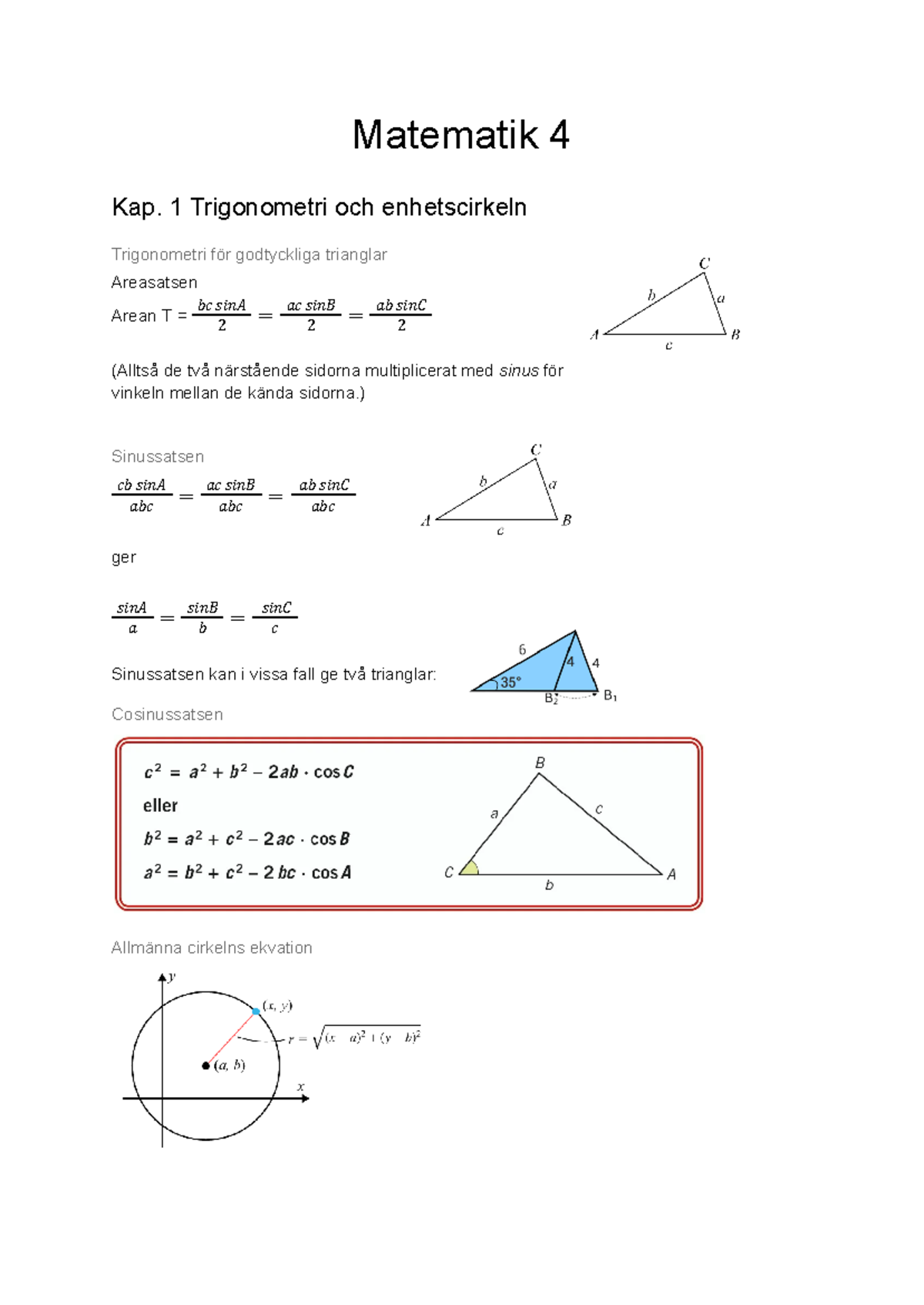 Matematik 4 - sammanfattning - Matematik 4 Kap. 1 Trigonometri och ...