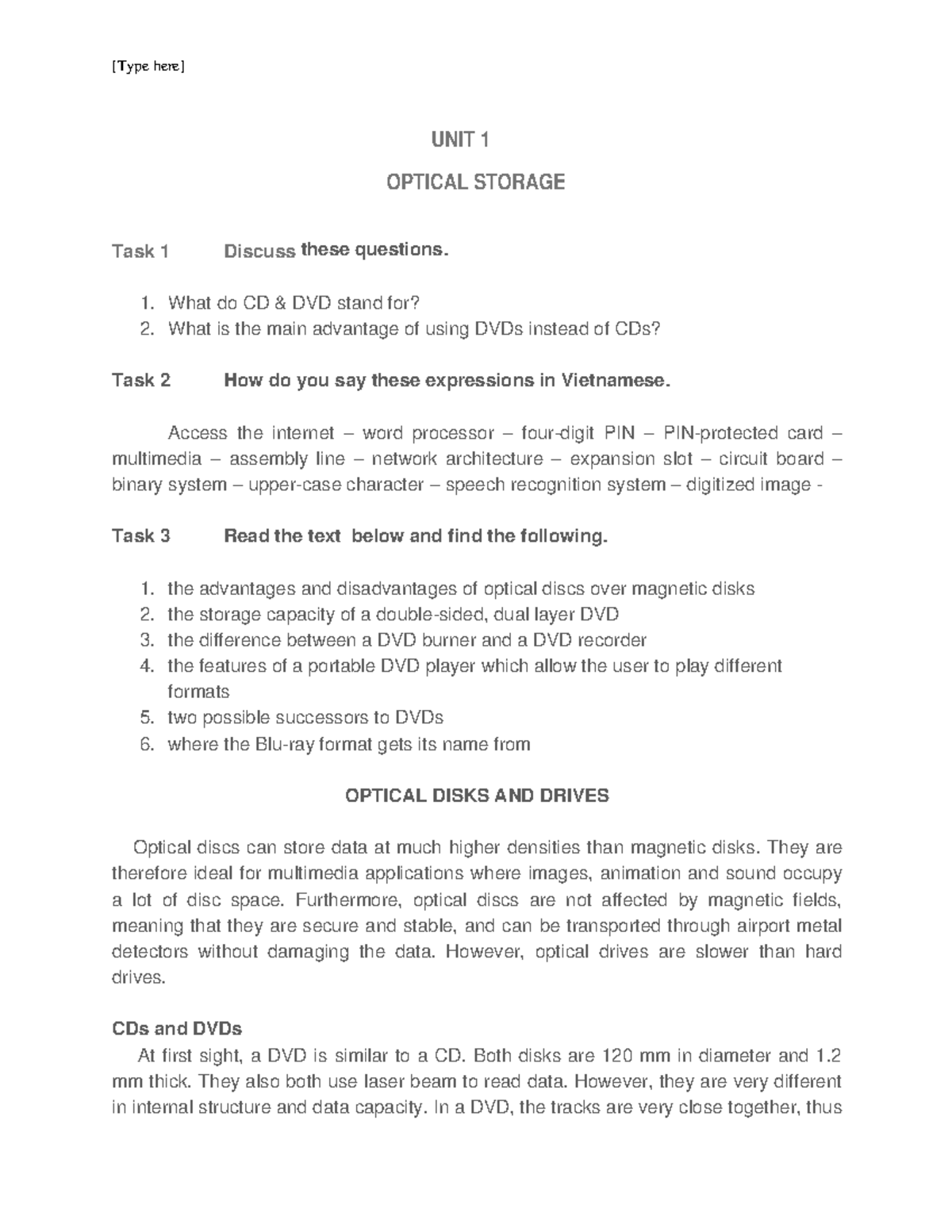 UNIT 1 - 4 IT2 - UNIT 1 - 4 IT2 - UNIT 1 OPTICAL STORAGE Task 1 Discuss ...
