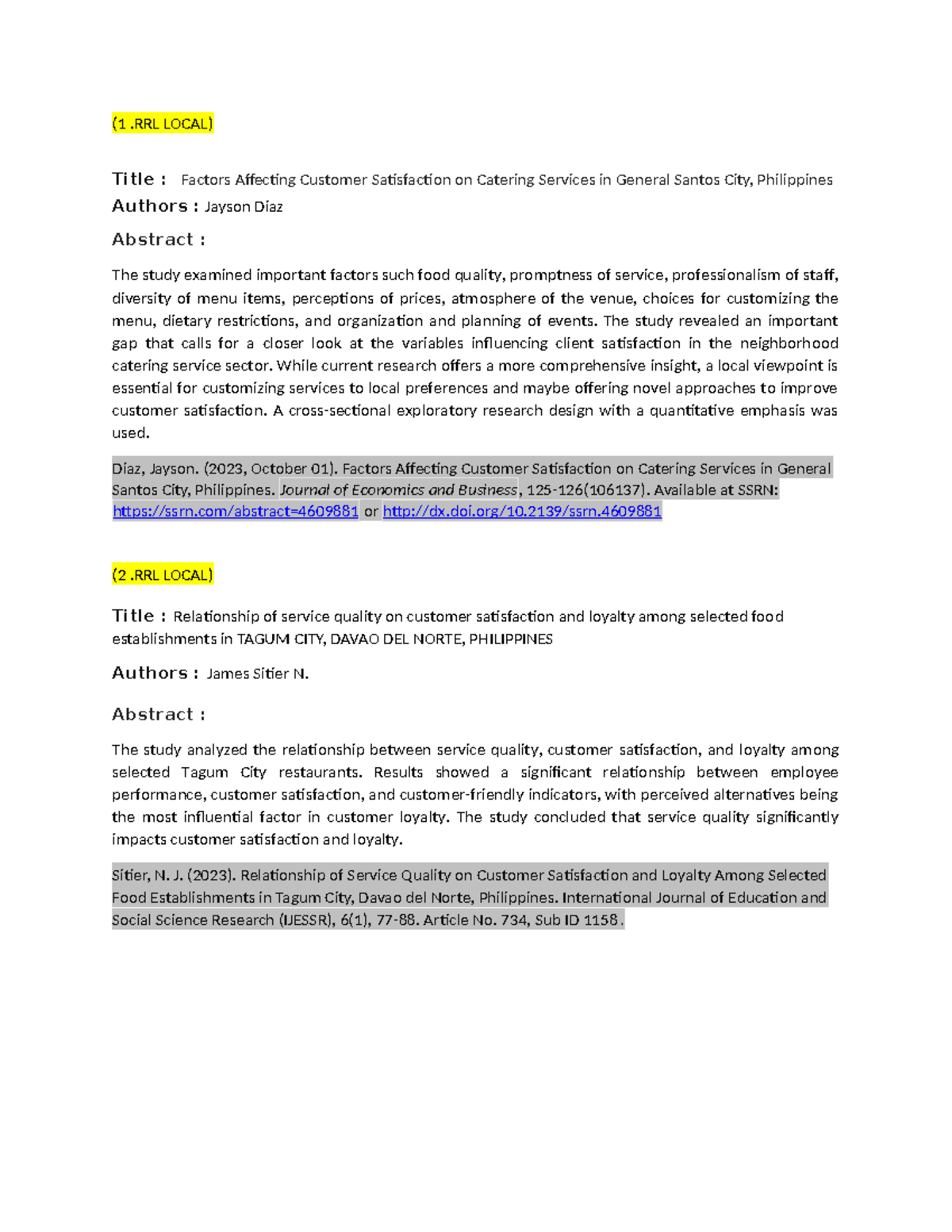 Wency RRL-RRS - Title : Factors Affecting Customer Satisfaction on ...