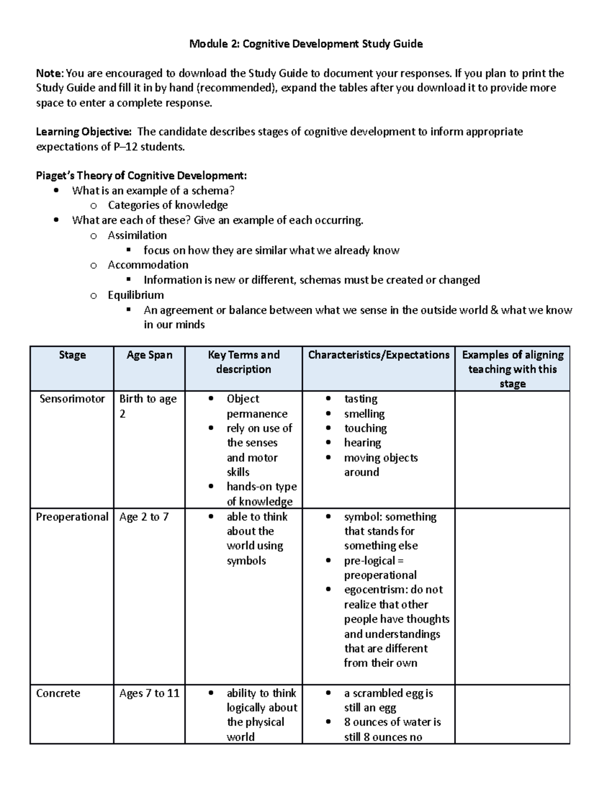 DO94 STUDY GUIDE 2 - Module 2: Cognitive Development Study Guide Note ...