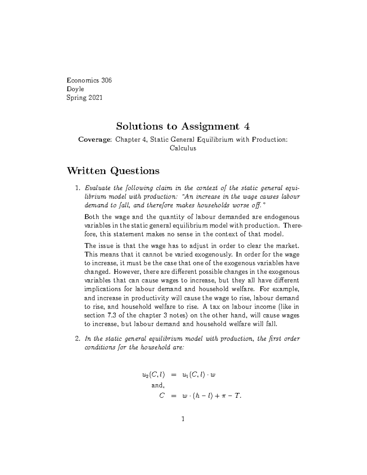 Assignment 4 Solutions - Economics 306 Doyle Spring 2021 Solutions to Assignment 4 Coverage ...