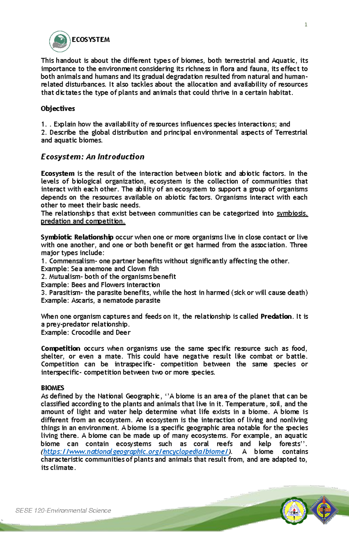 Handout in Ecosystem - ECOSYSTEM This handout is about the different ...