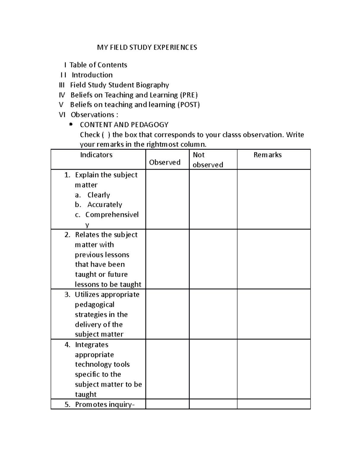 MY Field Study Experiences - MY FIELD STUDY EXPERIENCES I Table of ...