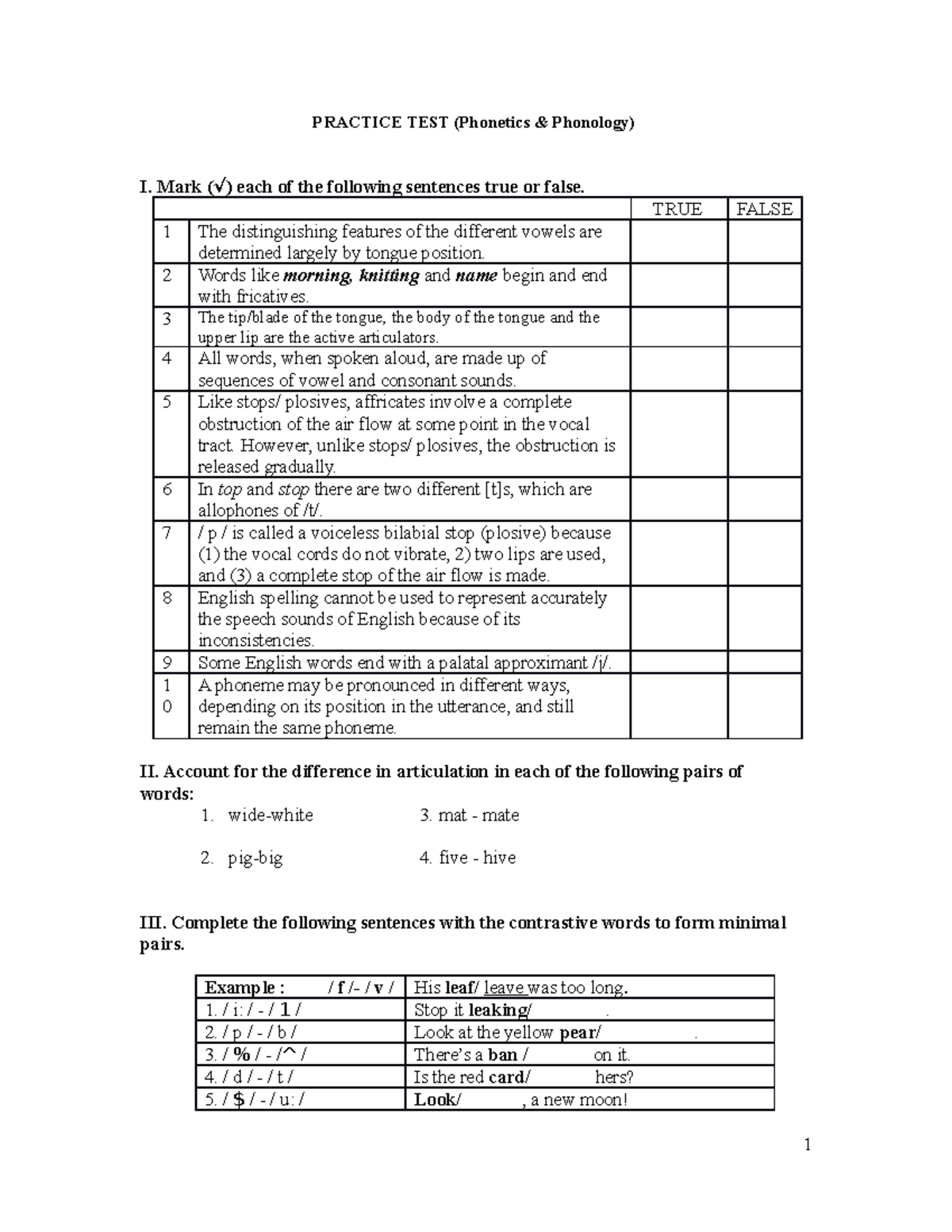 Practicetest.phon.21 - PRACTICE TEST (Phonetics & Phonology) I. Mark (√ ...