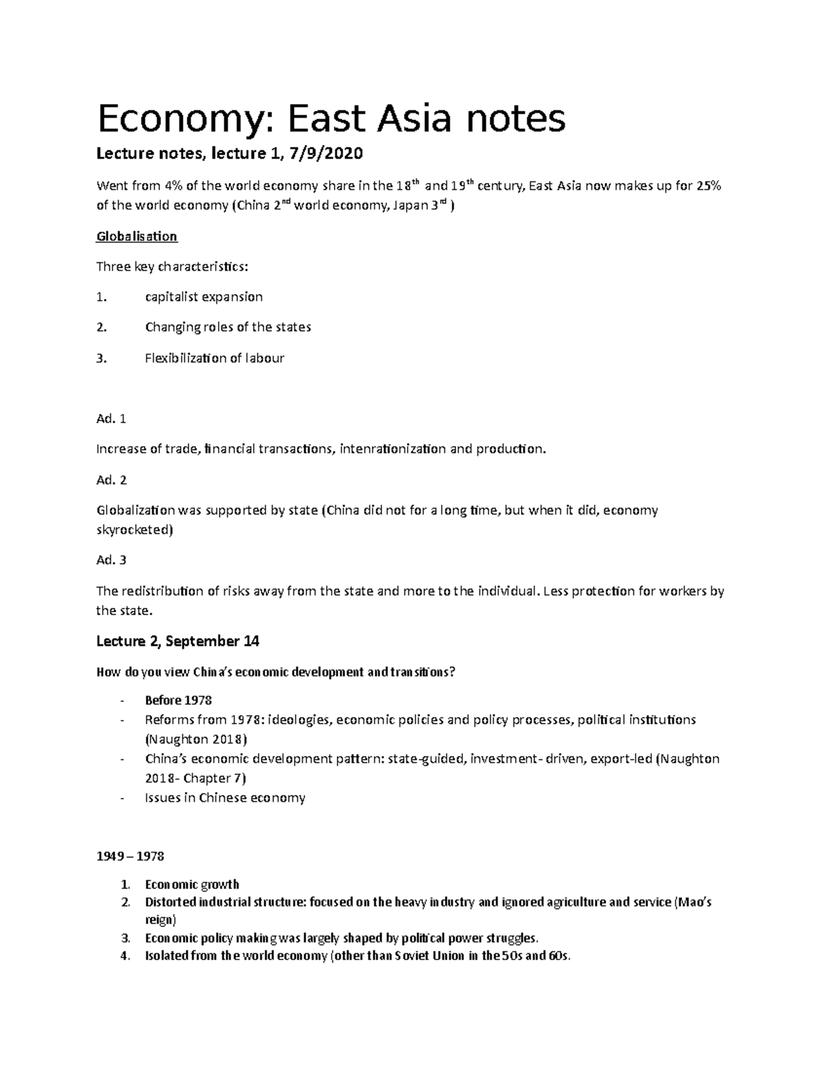 Economy East Asia notes - Economy: East Asia notes Lecture notes ...