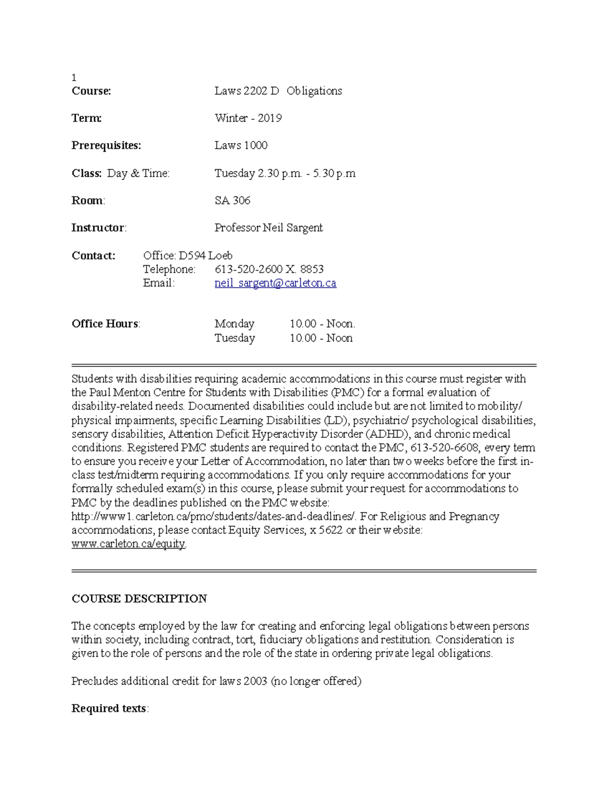 2202D outline - 1 Course: Laws 2202 D Obligations Term: Winter - 2019 ...