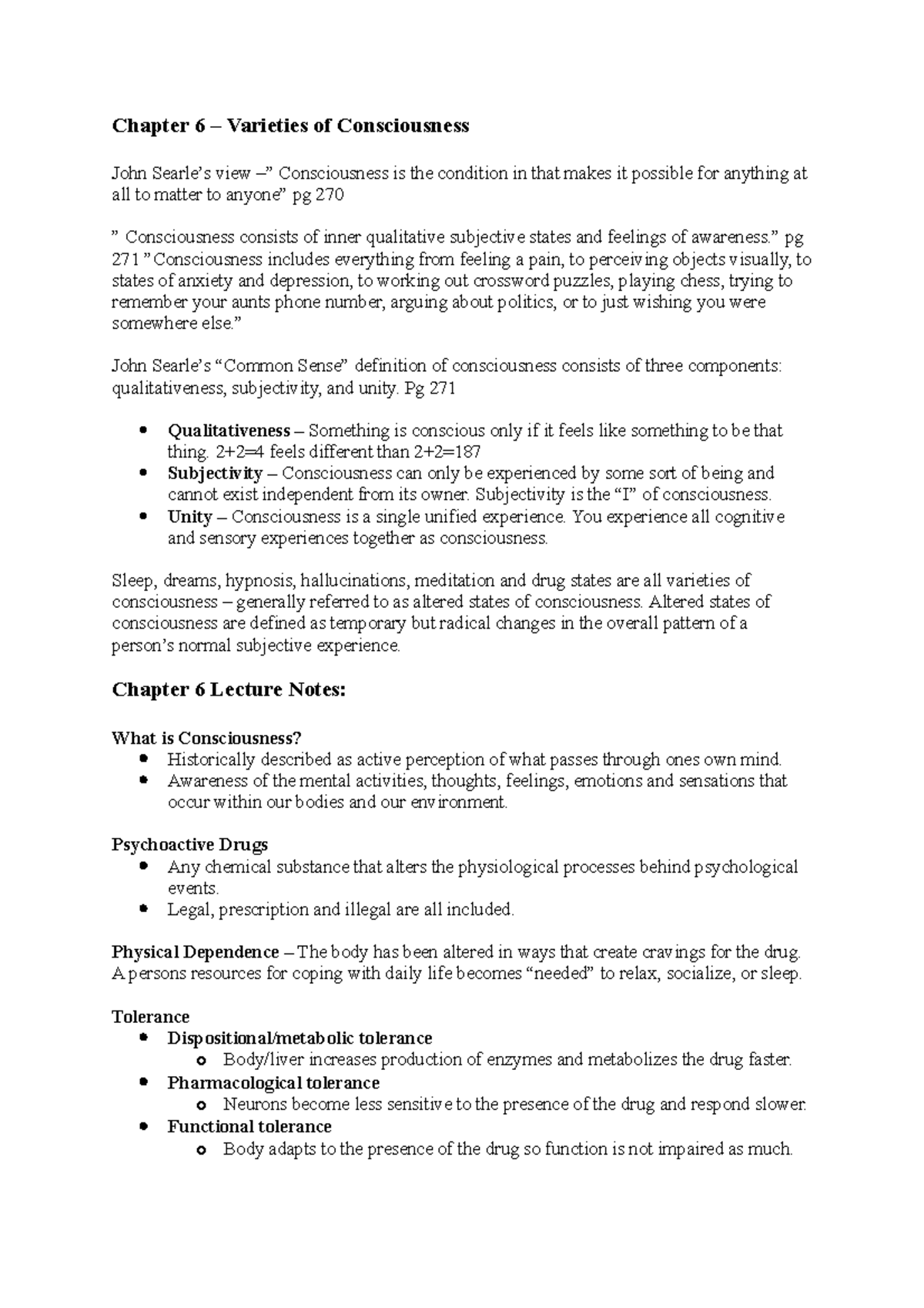 Chapter 6 Lecture notes - Chapter 6 – Varieties of Consciousness John ...
