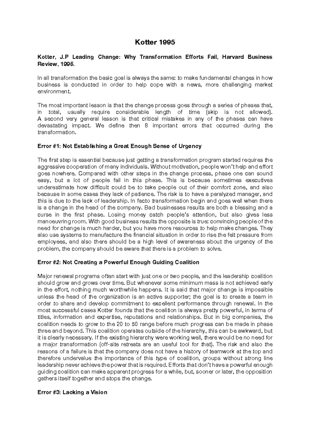 Kotter 1995 - Kotter 1995 Kotter, J Leading Change: Why Transformation ...