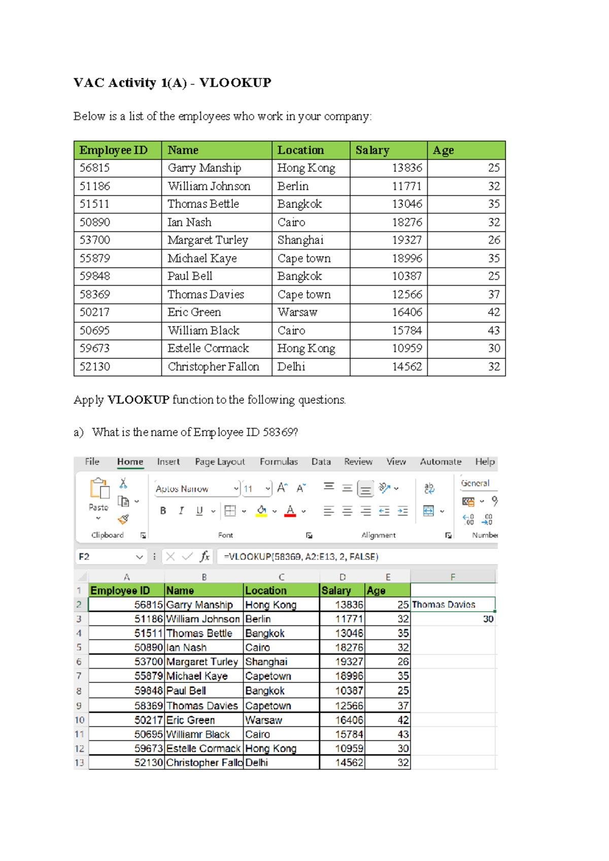 VAC Activities SEM 4 Assignment - VAC Activity 1(A) - VLOOKUP Below is a list of the employees ...