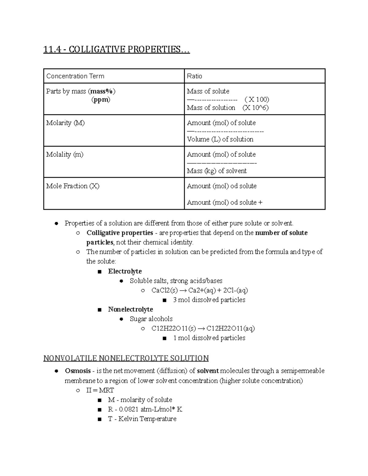 11.4 and 11.5 notes - 11 COLLIGATIVE PROPERTIES Concentration Term ...