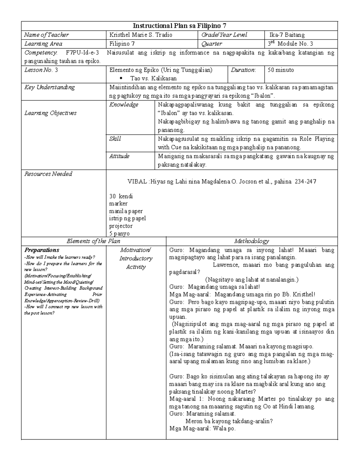 Instructional Plan sa Filipino 7 - Tradio Grade/Year Level Ika-7 ...