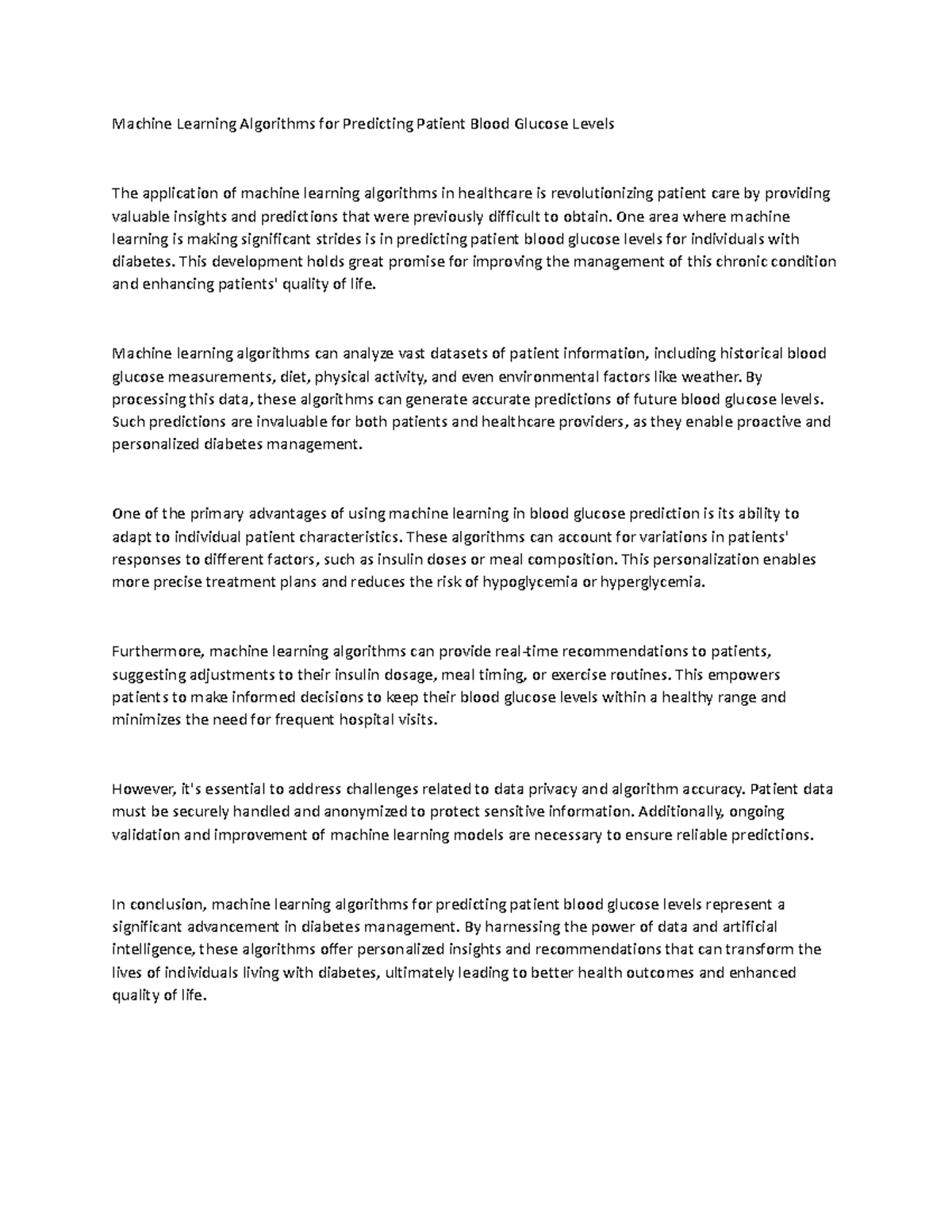 Machine Learning Algorithms for Predicting Patient Blood Glucose Levels ...