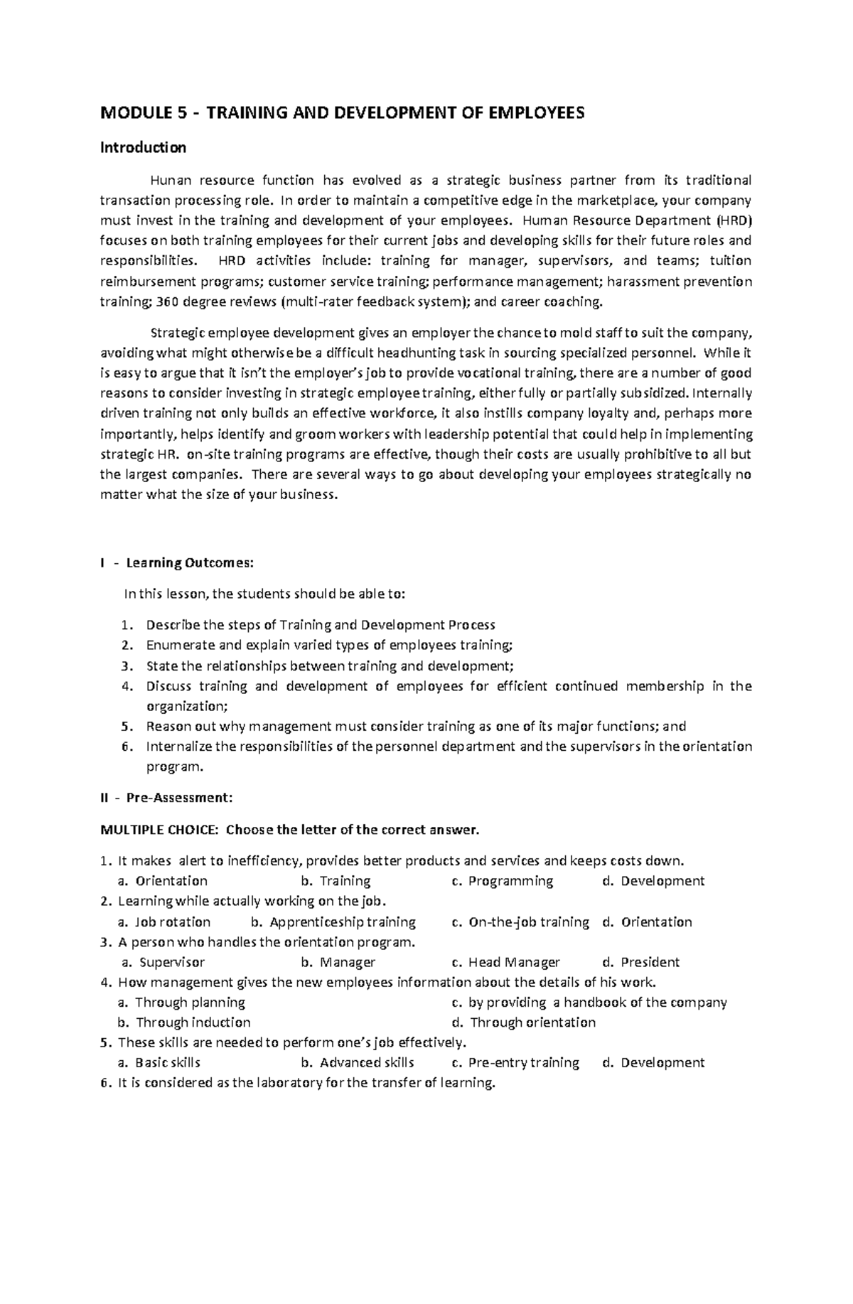 Business lecture - MODULE 5 - TRAINING AND DEVELOPMENT OF EMPLOYEES ...