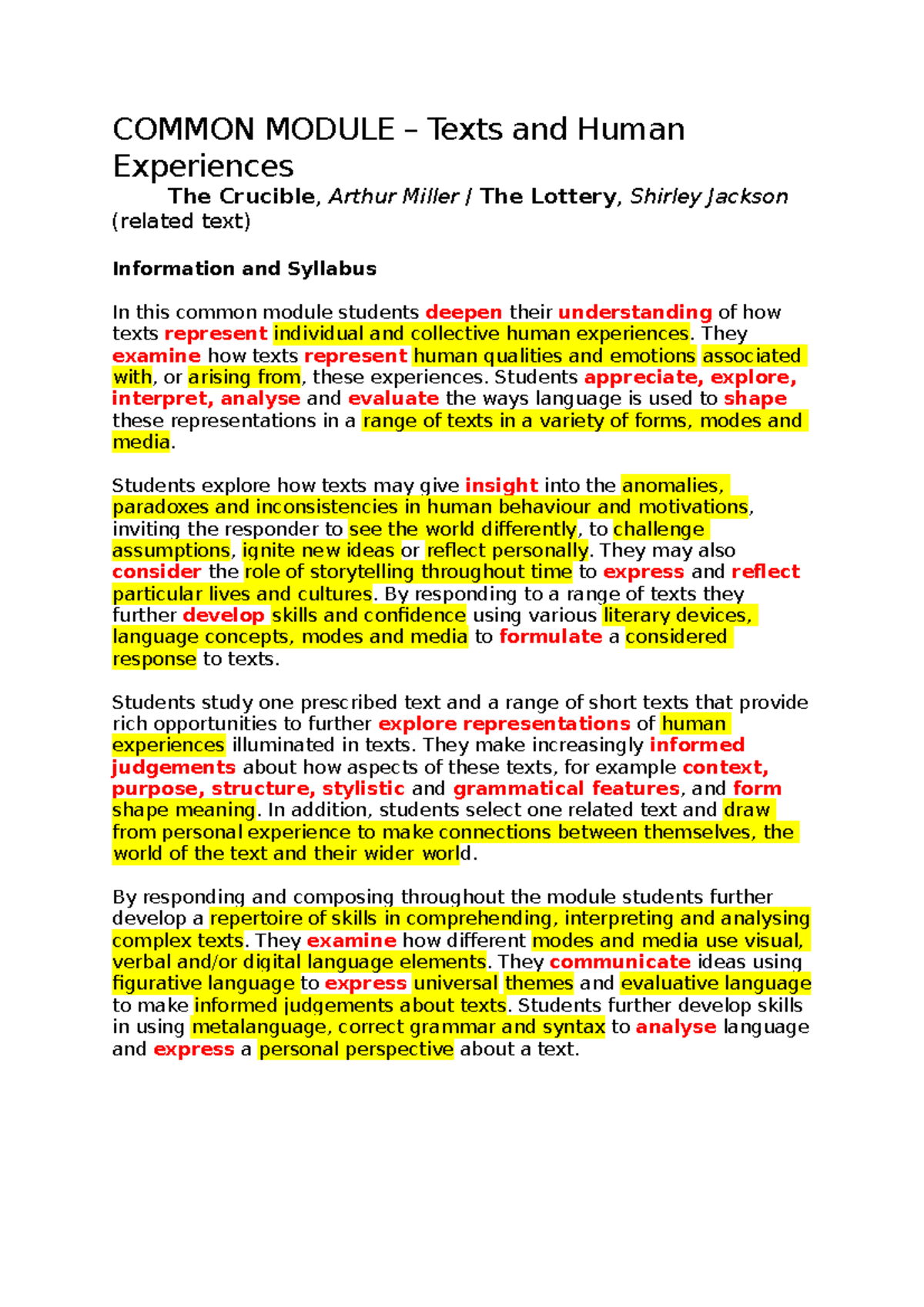 Common MOD Rubric - COMMON MODULE – Texts and Human Experiences The ...