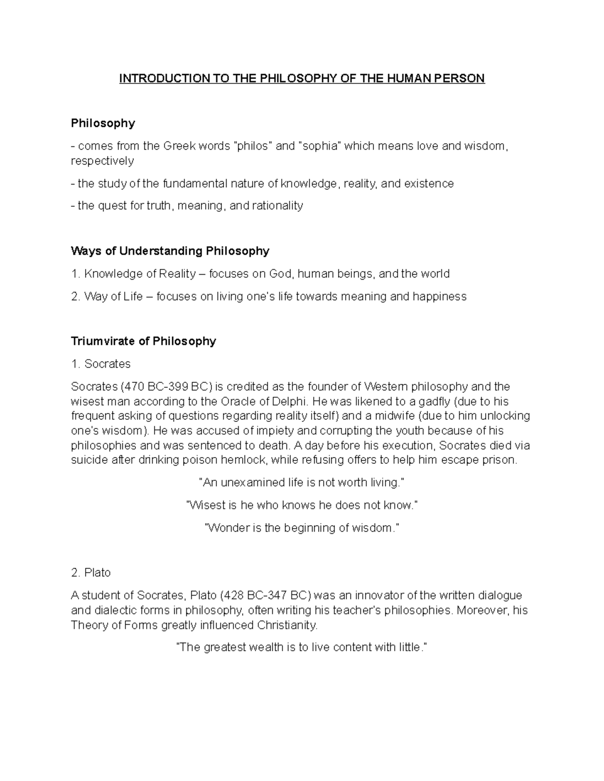 Philosophy-Handout - Summarized Philoo notes - INTRODUCTION TO THE ...