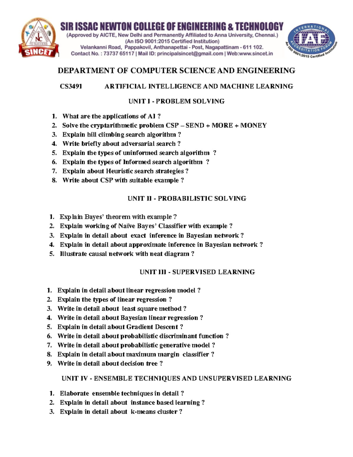 AI&ML Important Questions - CS34 CS3491 ARTIFICIALINTELLIGENCEANDMACHINELEARNING 91 - Studocu