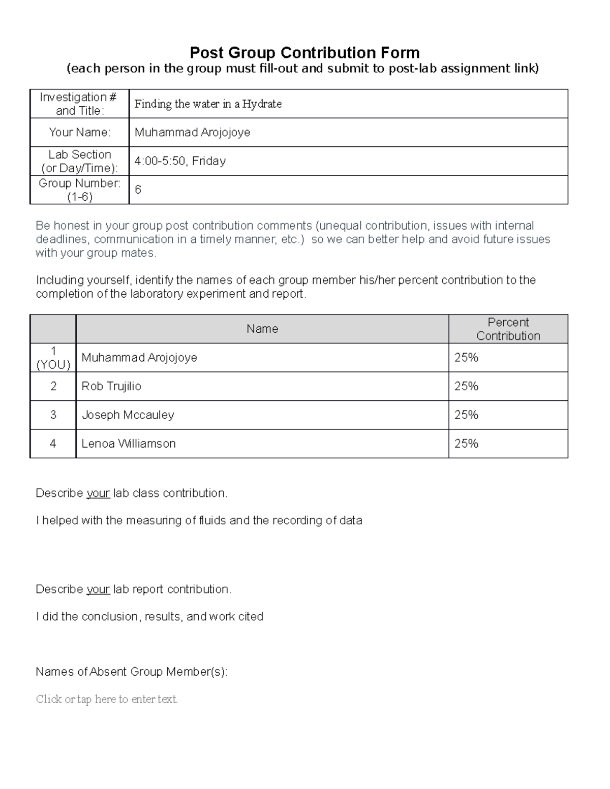 Post-contribution form Fall 2021-5 - Post Group Contribution Form (each ...