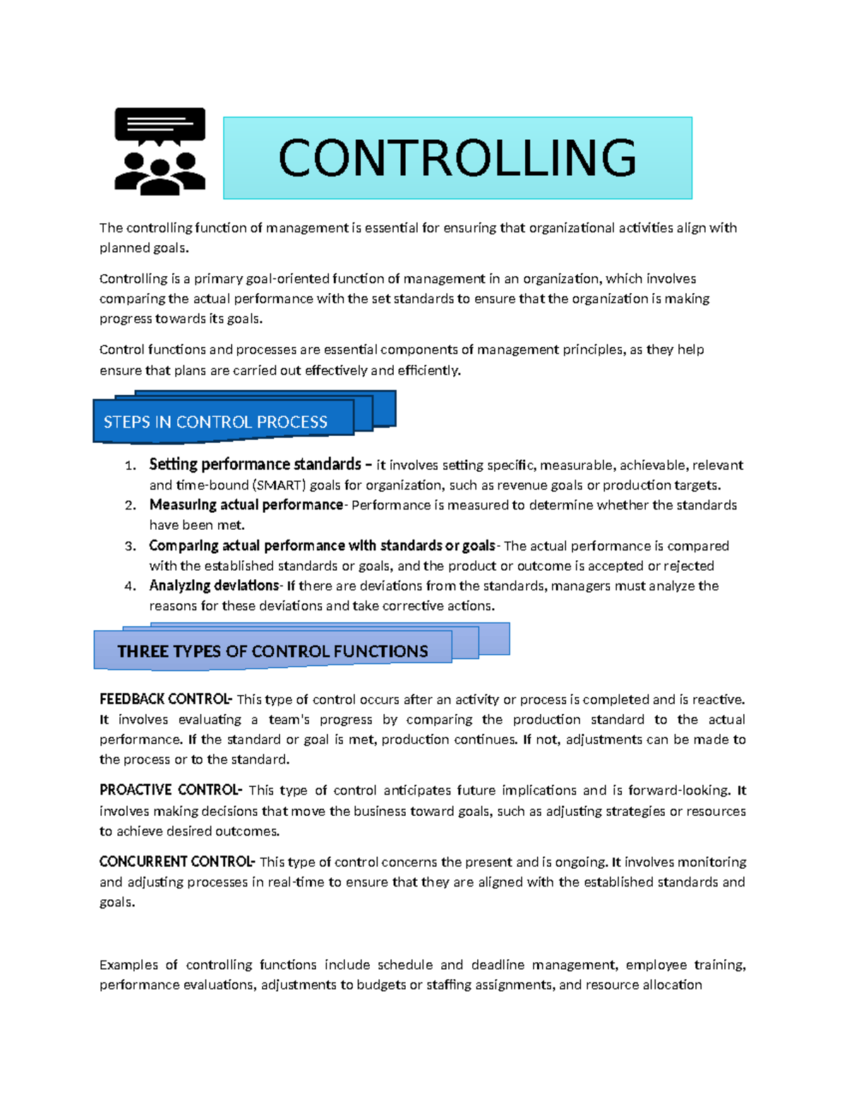 Controlling - A document helpful - The controlling function of management is essential for ...