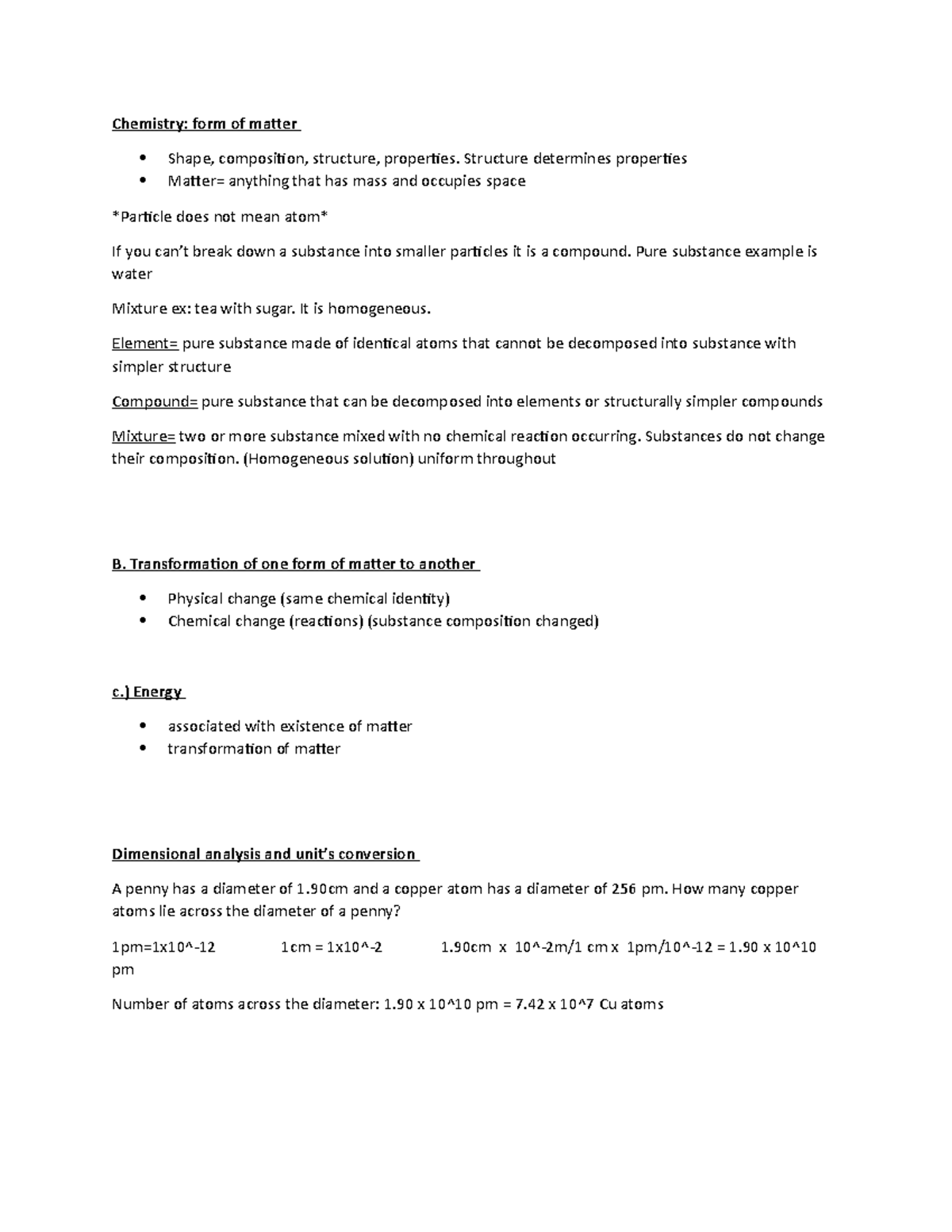 Notes 1 - Chemistry: form of matter Shape, composition, structure ...