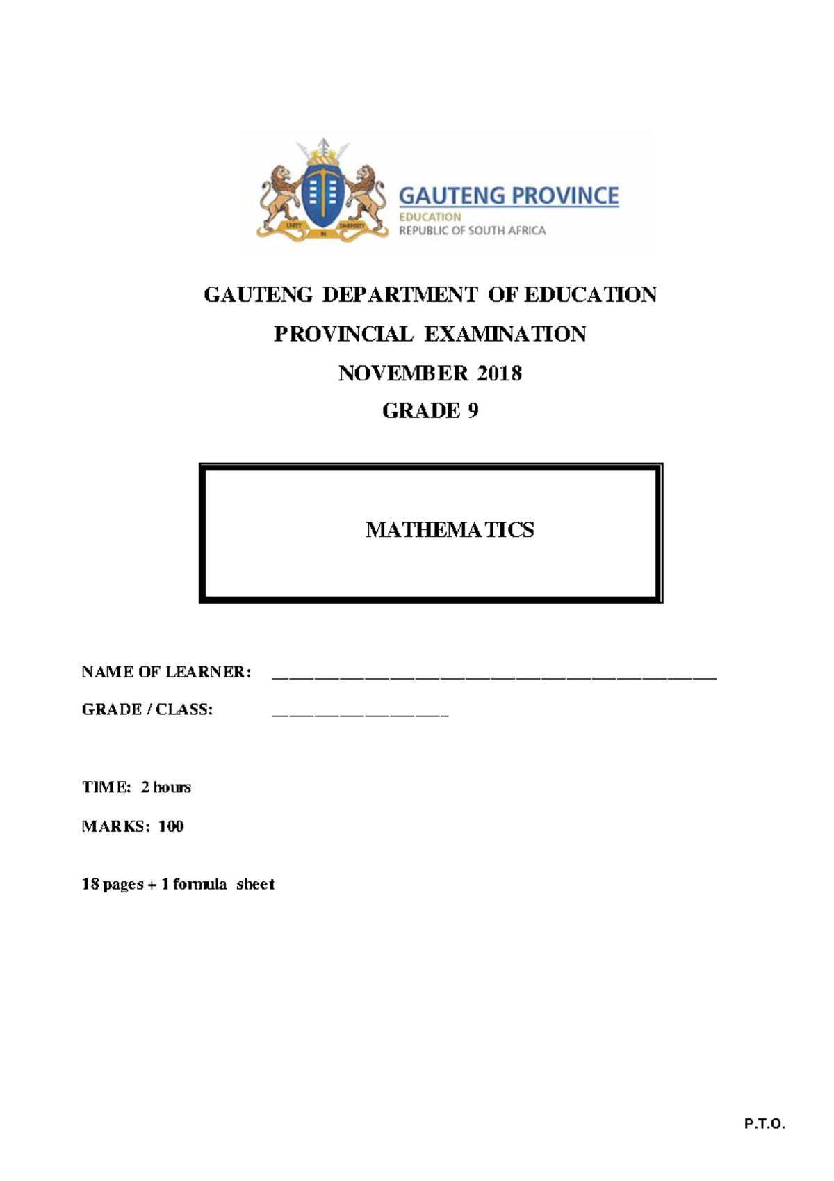 Grade 9 Provincial Examination Mathematics (English) November 2018 Question Paper - GAUTENG ...