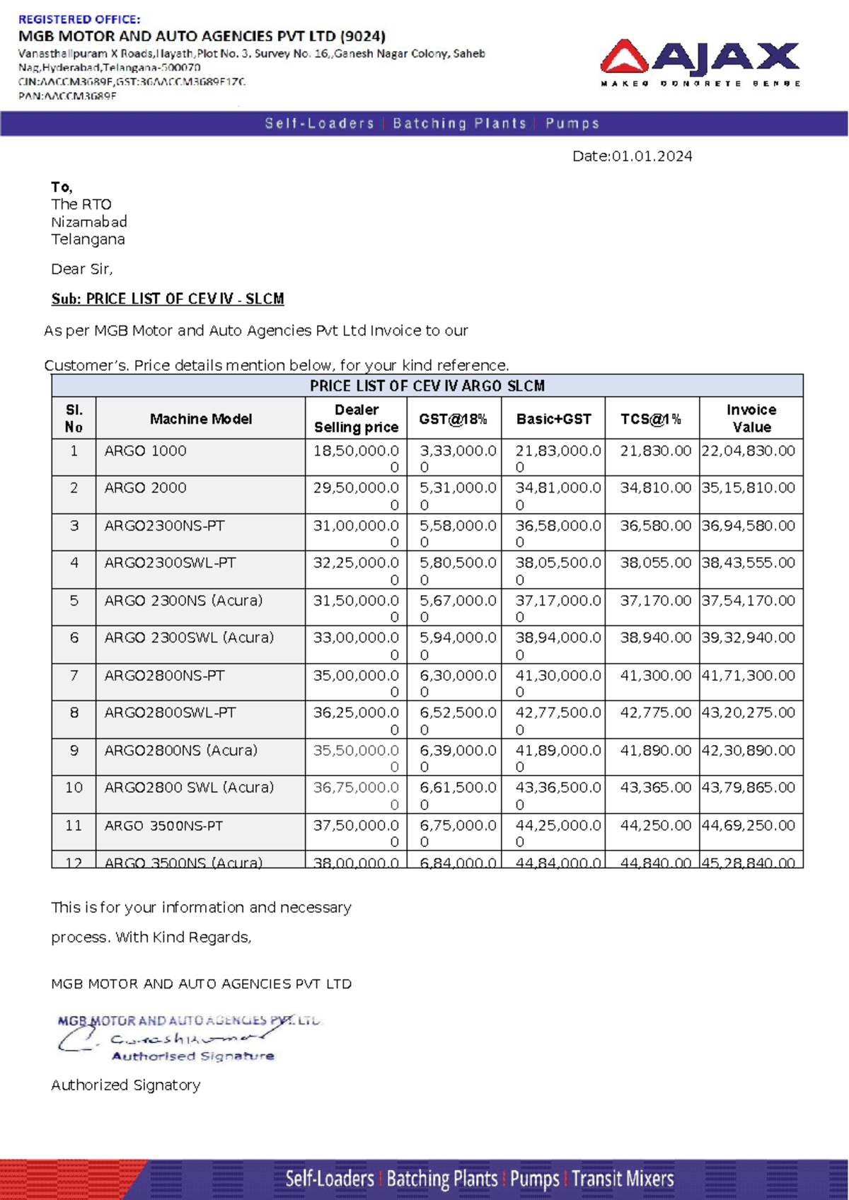 Price list MGB-TS RTO COPY - To, The RTO Nizamabad Telangana Dear Sir ...