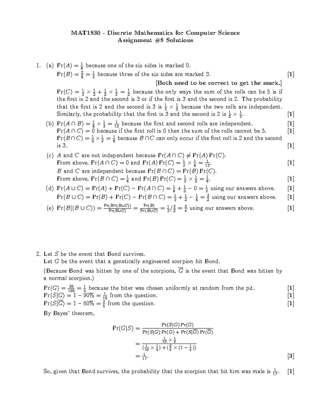 Assignment 8Solutions - MAT1830 - Discrete Mathematics for Computer Science Assignment #8 ...