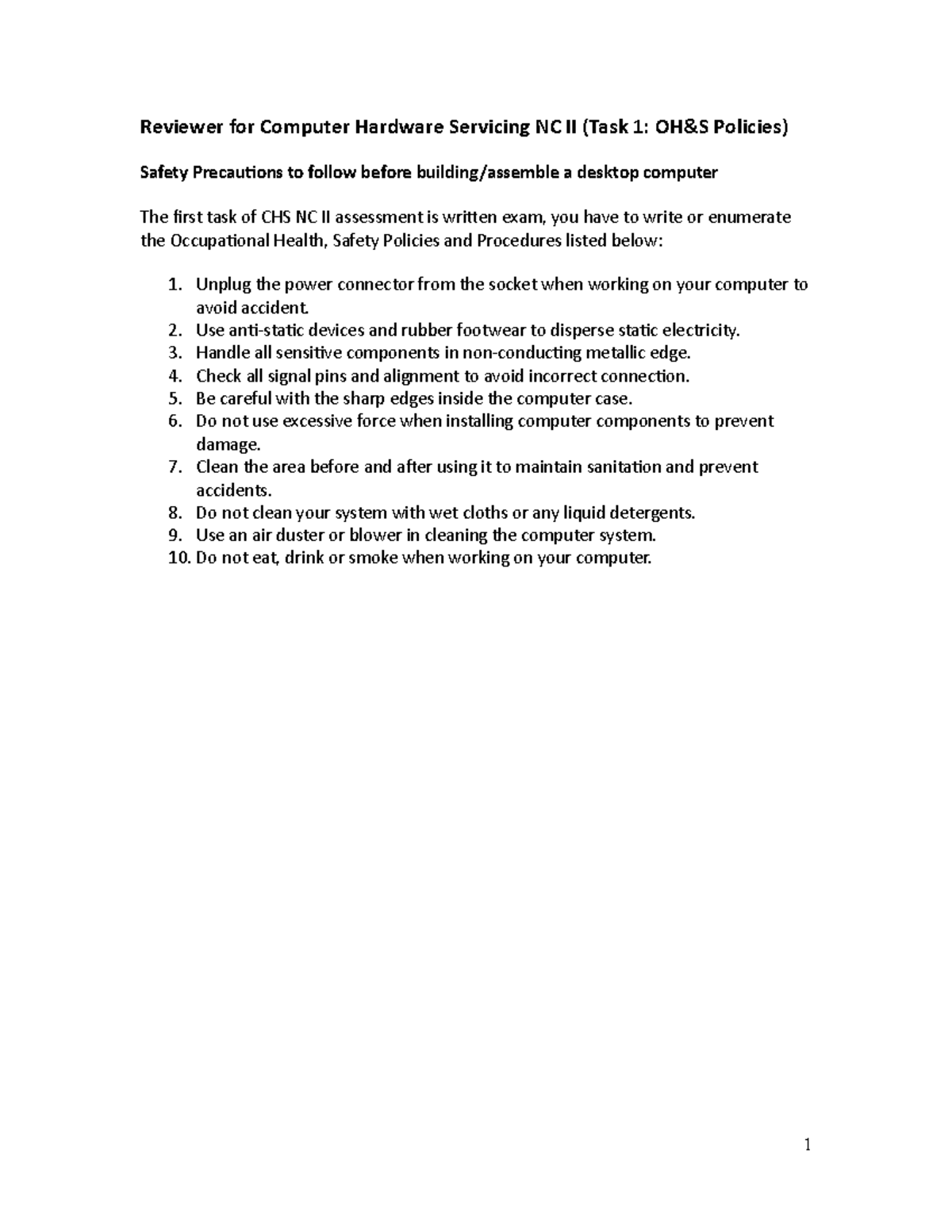 Reviewer for Computer Hardware Servicing NC II 2013 - Use anti-static ...