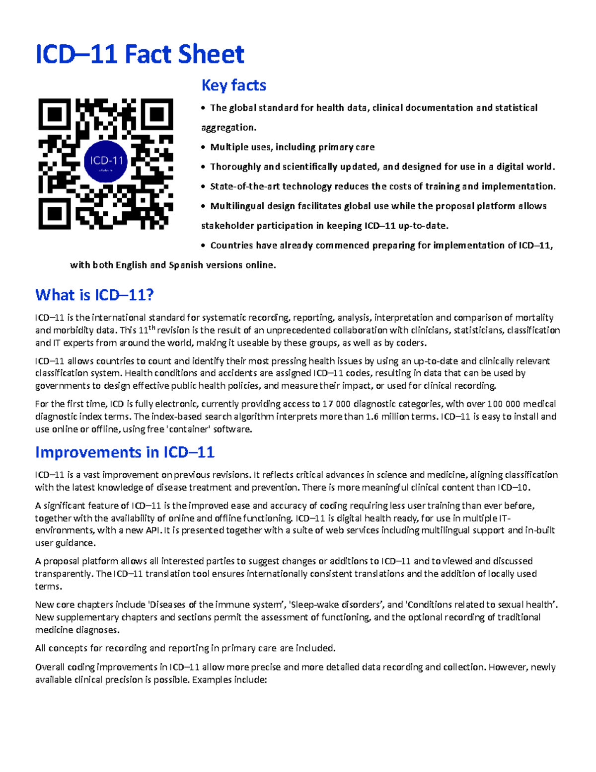 ICD 11 Factsheet - RESEARCH NOTES - ICD– 11 Fact Sheet Key facts The ...