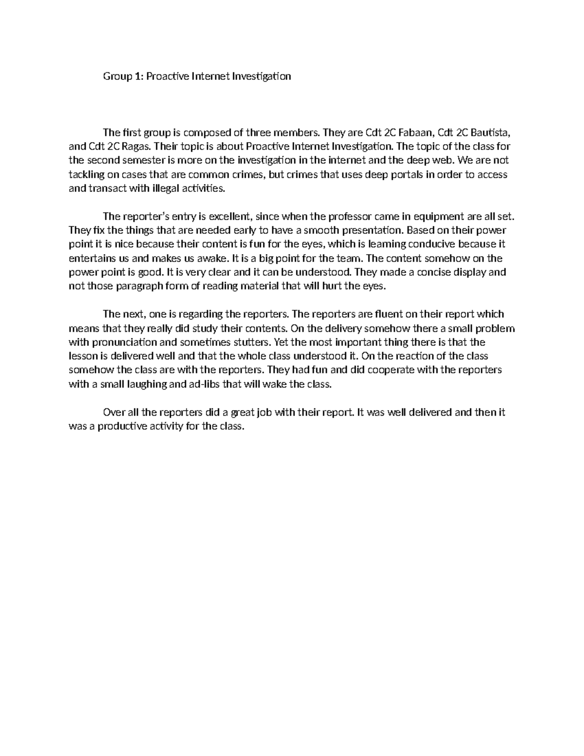 Group 1 reaction - Group 1: Proactive Internet Investigation The first ...