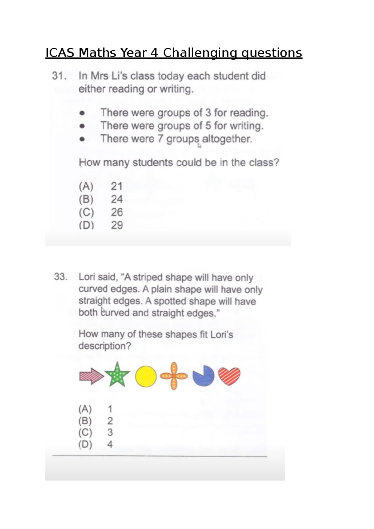 ICAS Maths Year 4 Challenging questions - In Mrs class today each ...