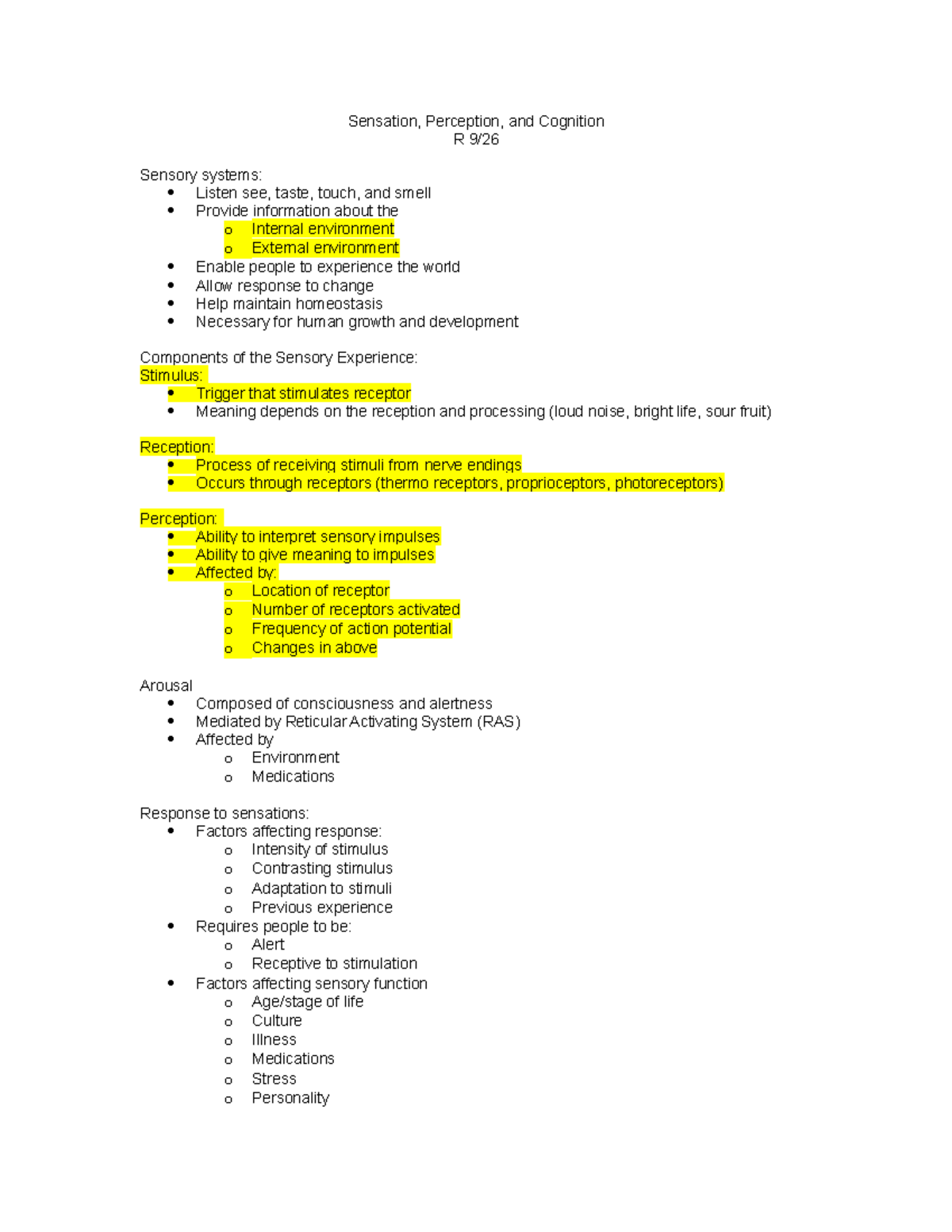 Sensory Notes - Sensation, Perception, and Cognition R 9/ Sensory ...