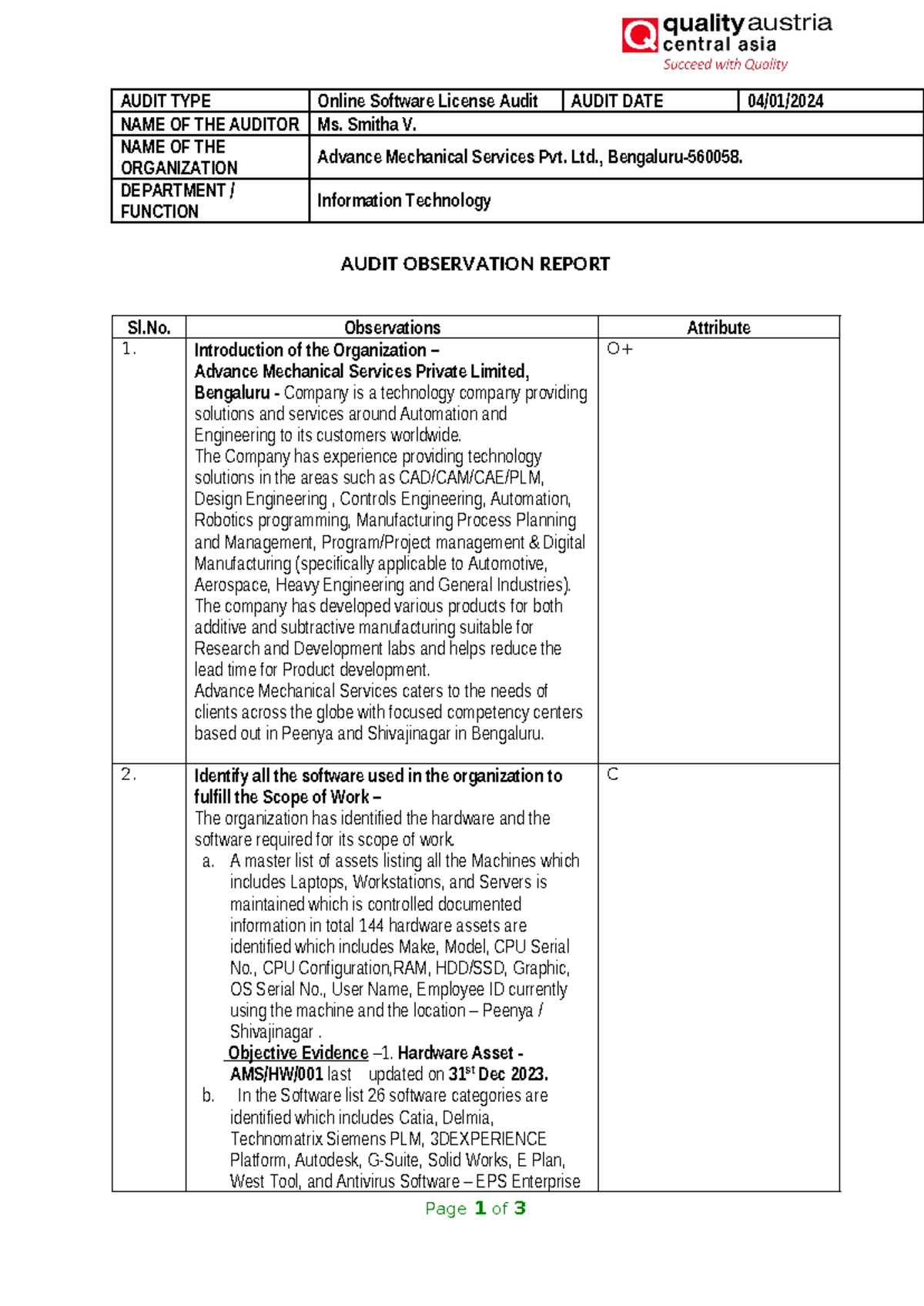 Software Audit Obs Report -AMS (04-01-2024) - AUDIT TYPE Online ...