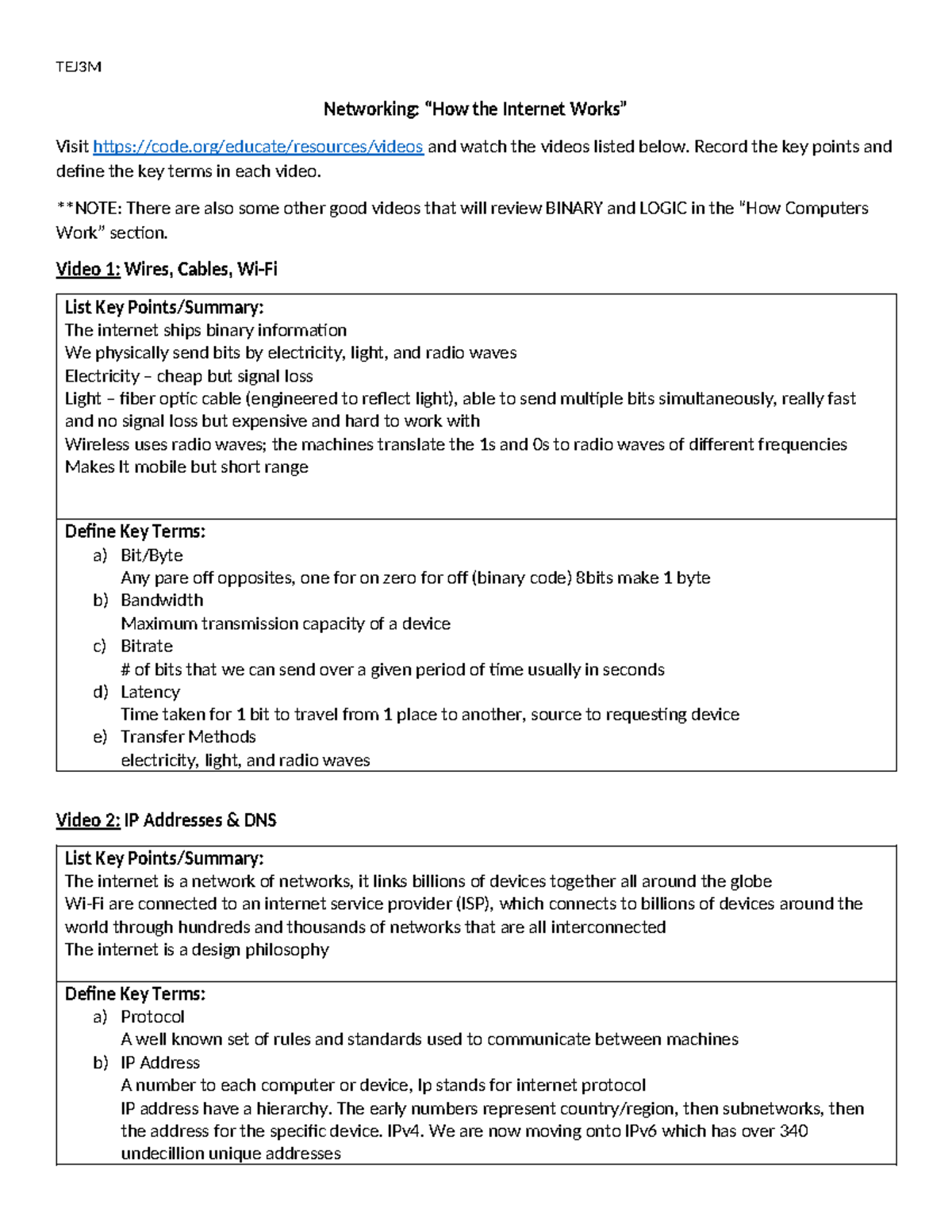 00. How the Internet Works - Video Worksheet - TEJ3M Networking: “How ...